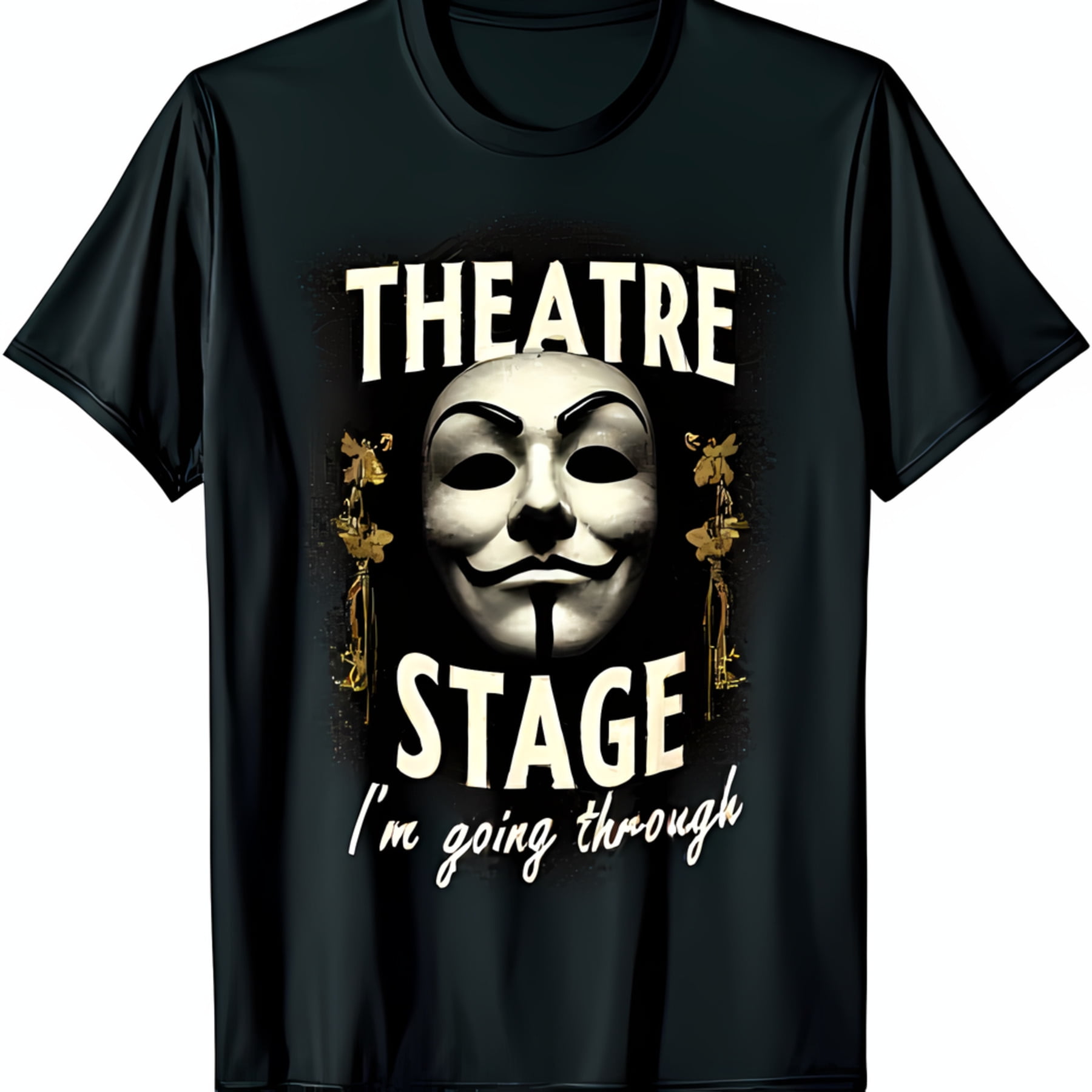 Black T-Shirt with White Mischievous Mask Design Gold Vines THEATRE ...