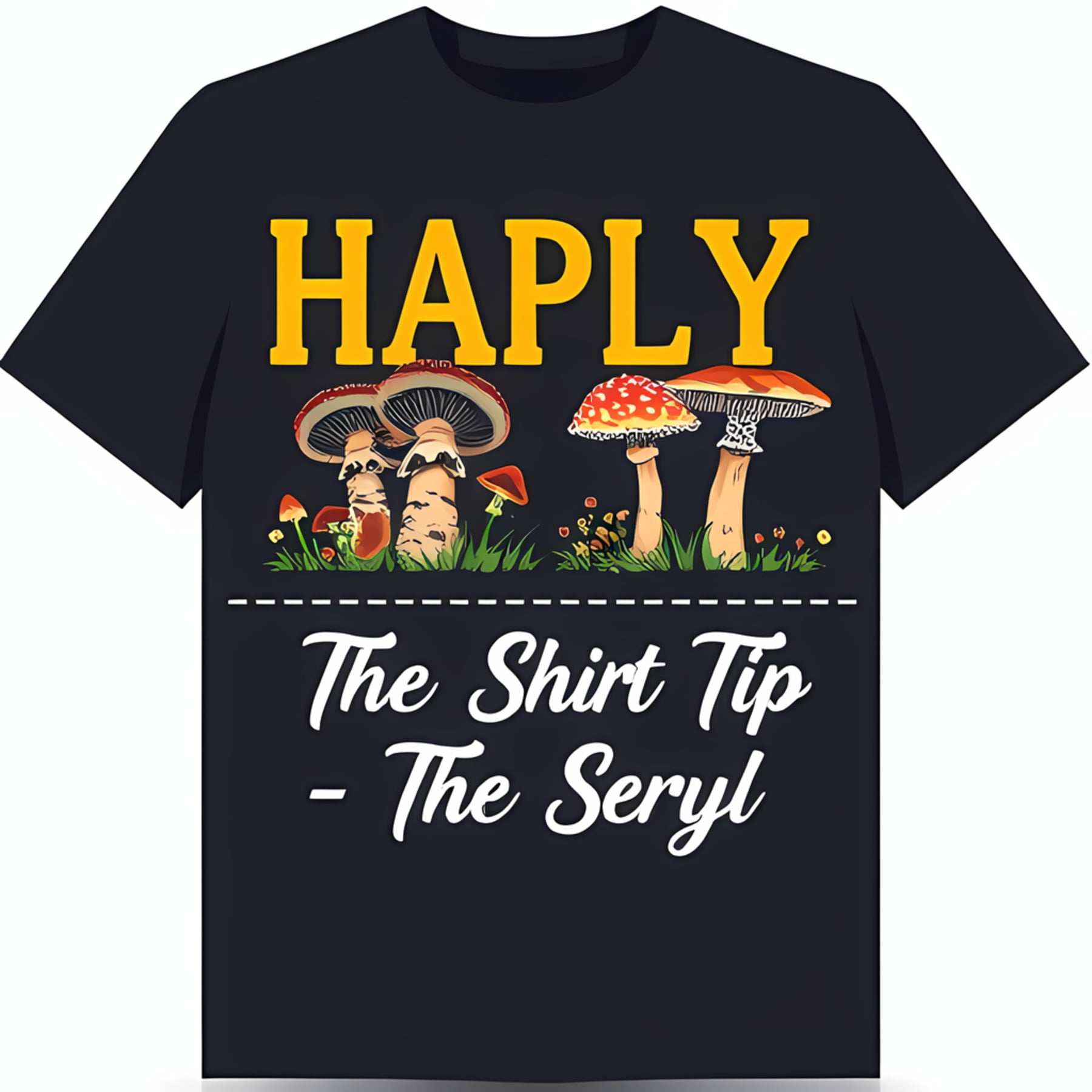 Black T-Shirt with White Mushroom Graphic Green Grass & Leaves 'HAPLY ...