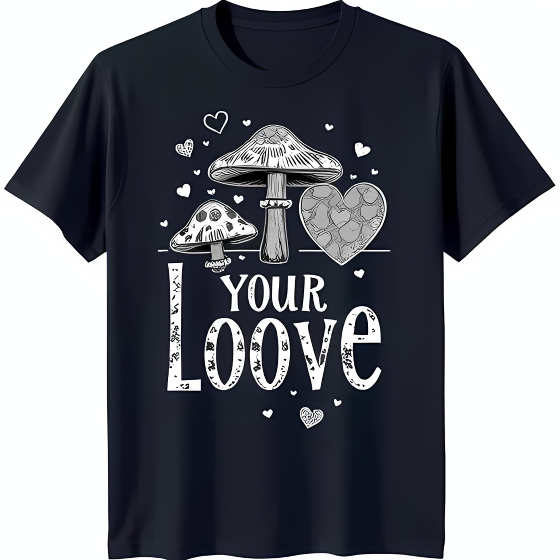 Black T-Shirt with White Mushroom Graphic Heart Design & 'Your Loove ...