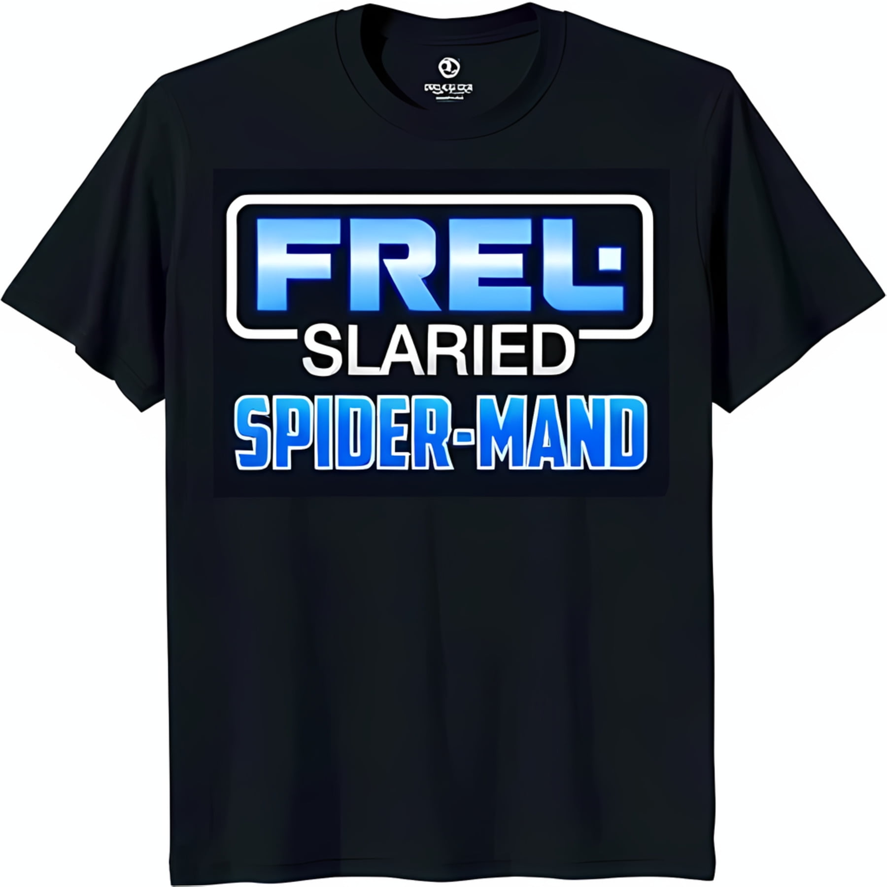 Black T-Shirt with White Rectangle & Blue 'FREI' Text 'SLARIED' Below ...
