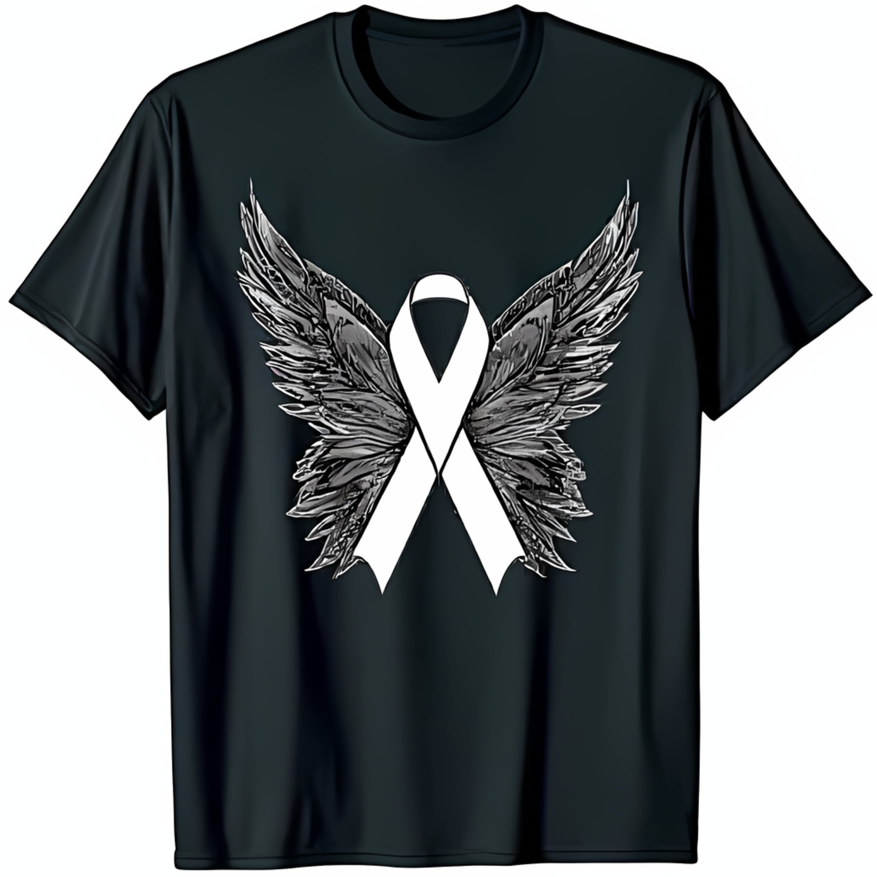 Black T-Shirt with White Ribbon Bow and Grey Wings Design Symbol of ...