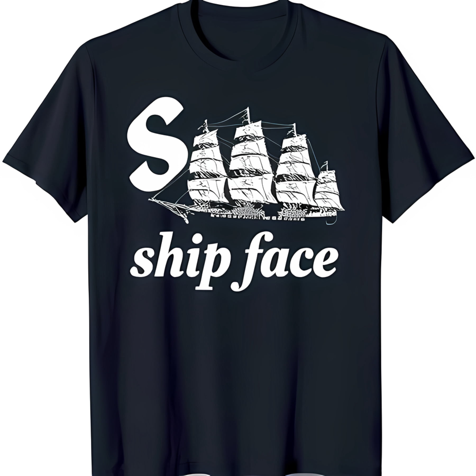 Black T-Shirt with White Sailing Ship and 'Ship Face' Cursive Design ...