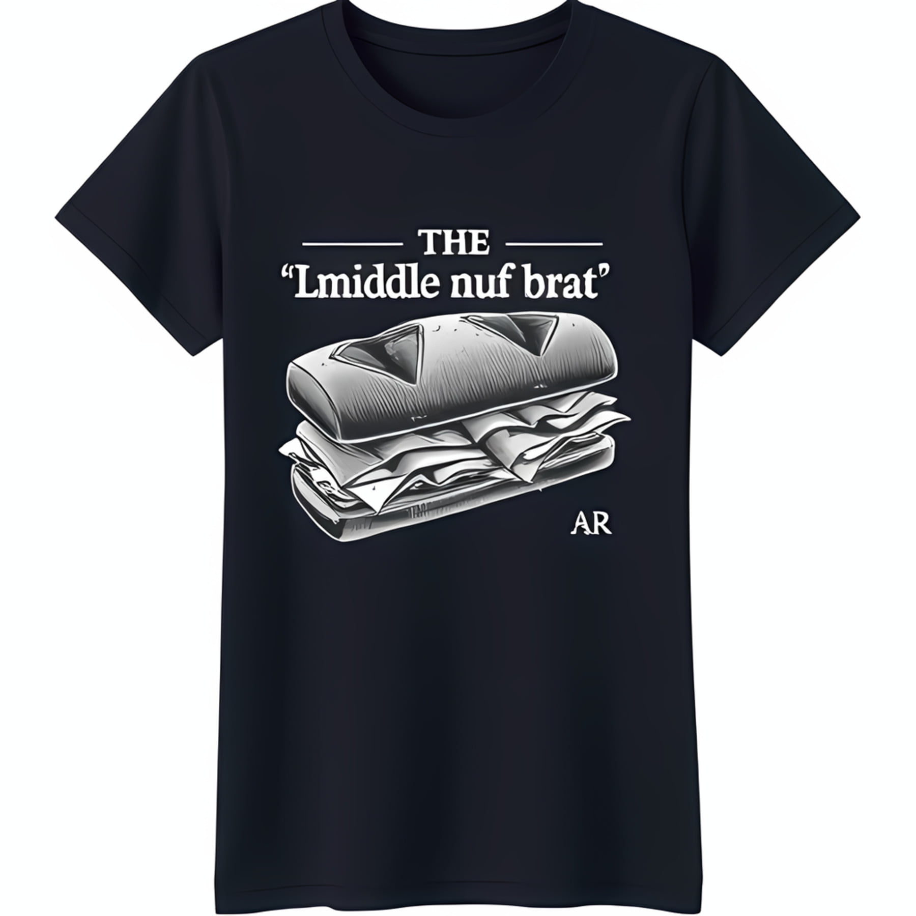 Black T-Shirt with White Sandwich Illustration & 'THE Lmiddle Nuf Brat ...