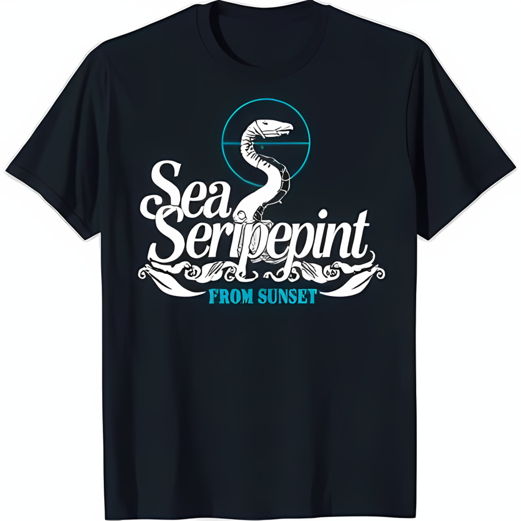 Black T-Shirt with White Sea Serpent Graphic & Cursive 'Sea Seripepint ...