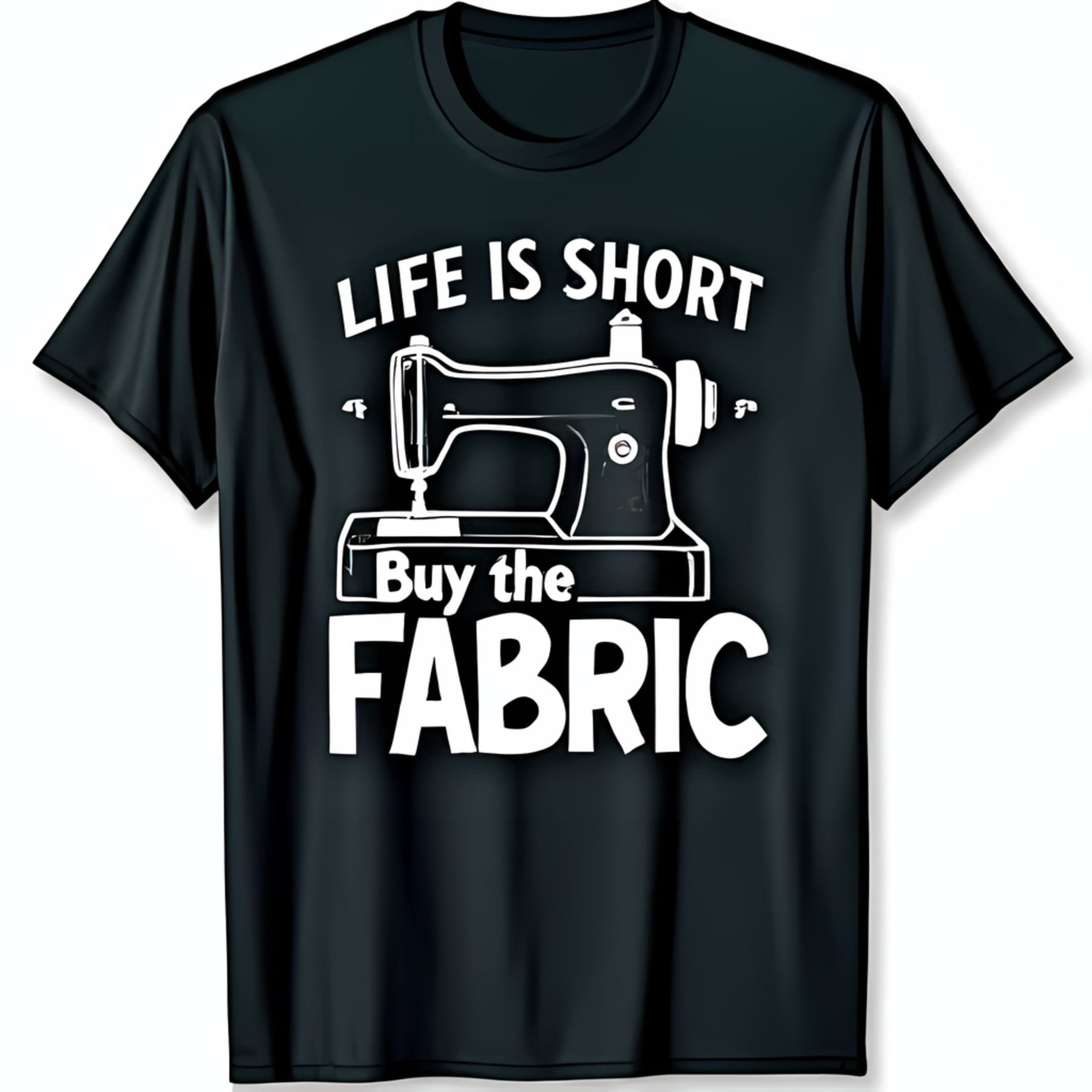 Black T-Shirt with White Sewing Machine Graphic & Fun 'Life is Short ...