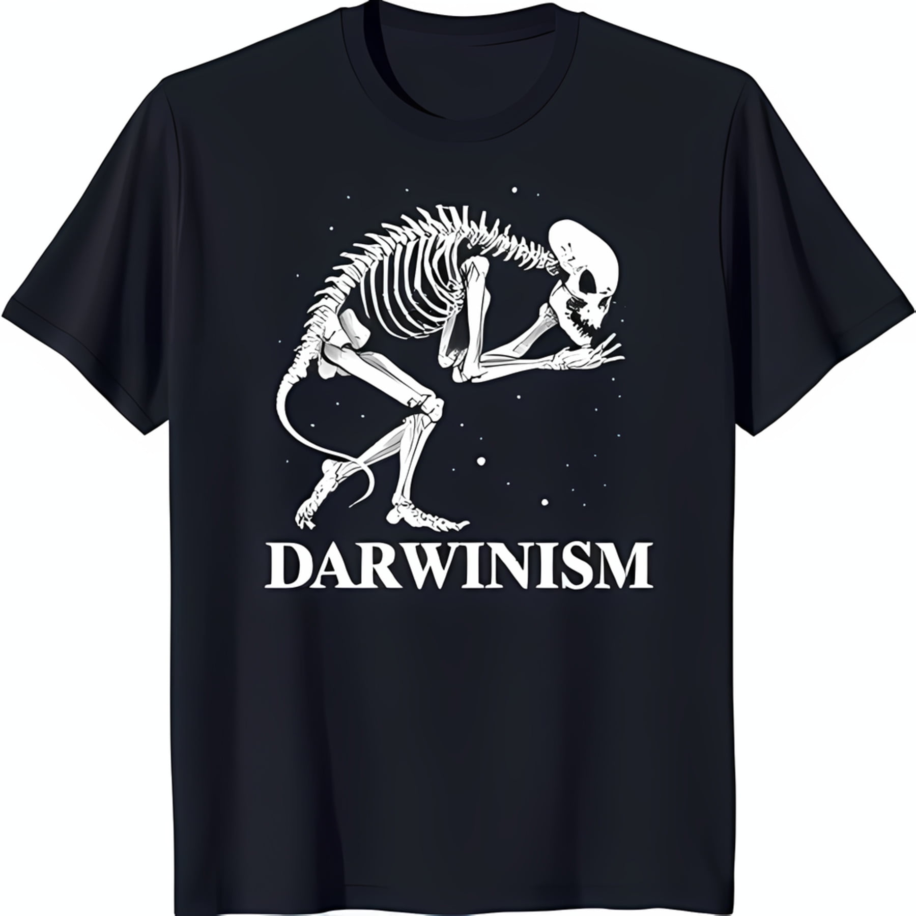 Black T-Shirt with White Skeletal Monkey in Pose 'DARWINISM' Design ...