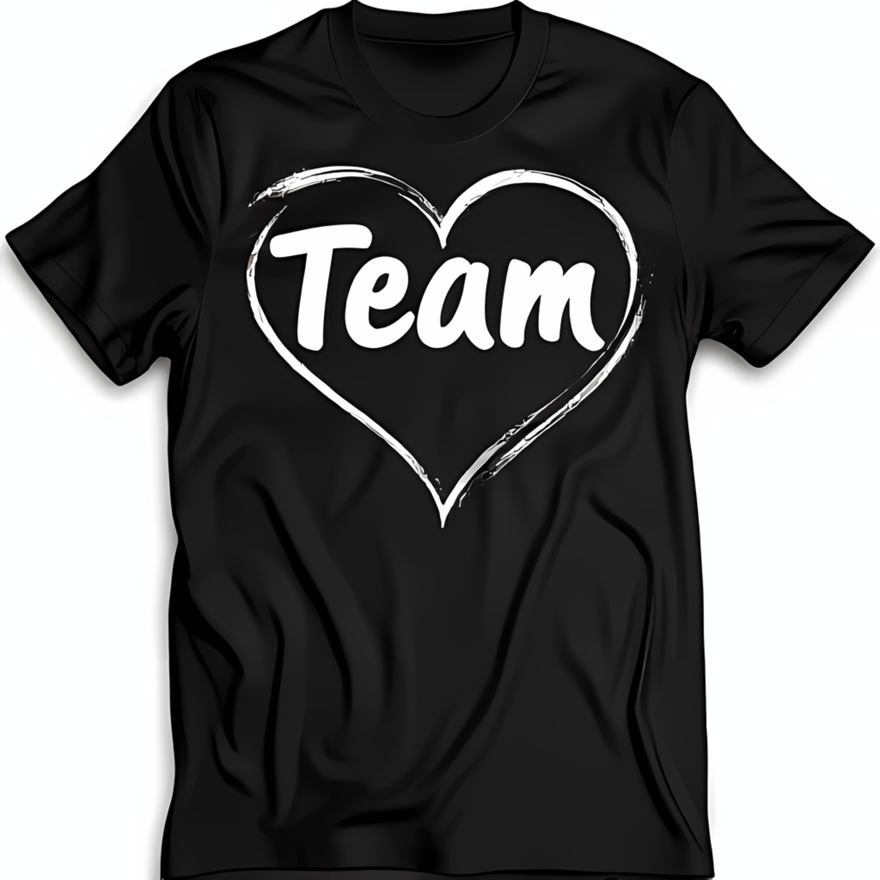 Black T-Shirt with White Sketched Heart & Bold Cursive 'Team' Design ...