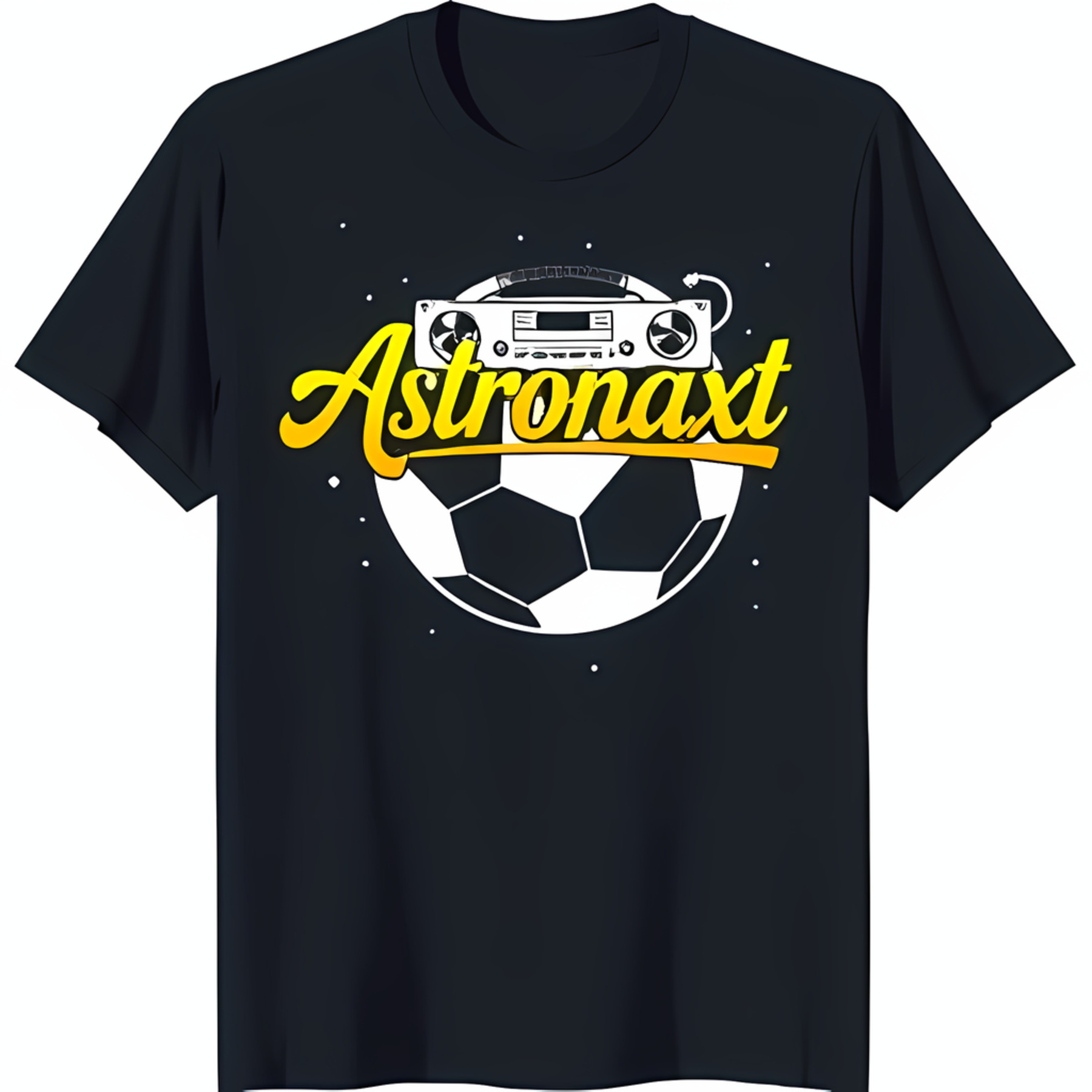 Black T-Shirt with White Soccer Ball & Boombox Design 'Astronax' in ...