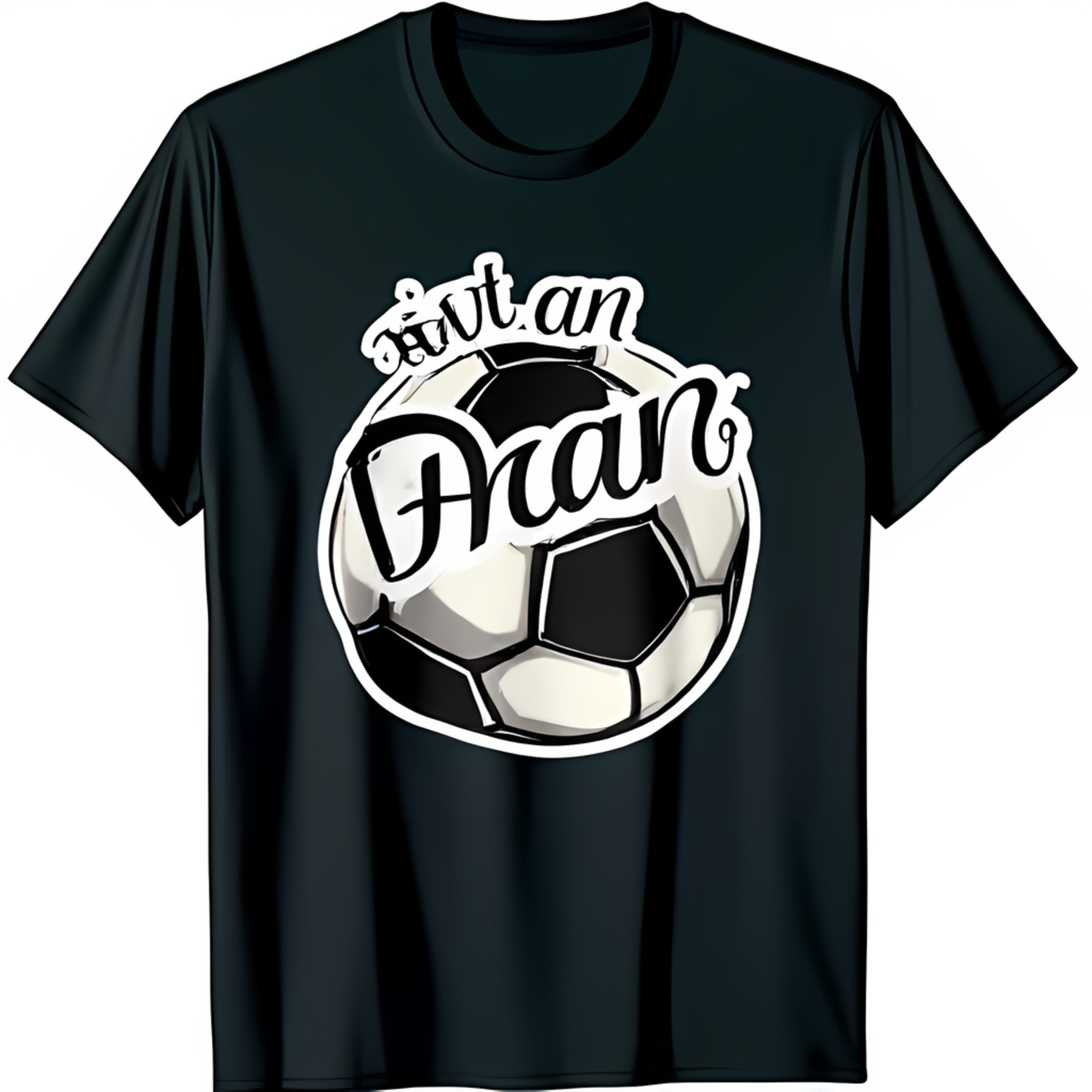 Black T-Shirt with White Soccer Ball Design and Dran in Cursive Font ...