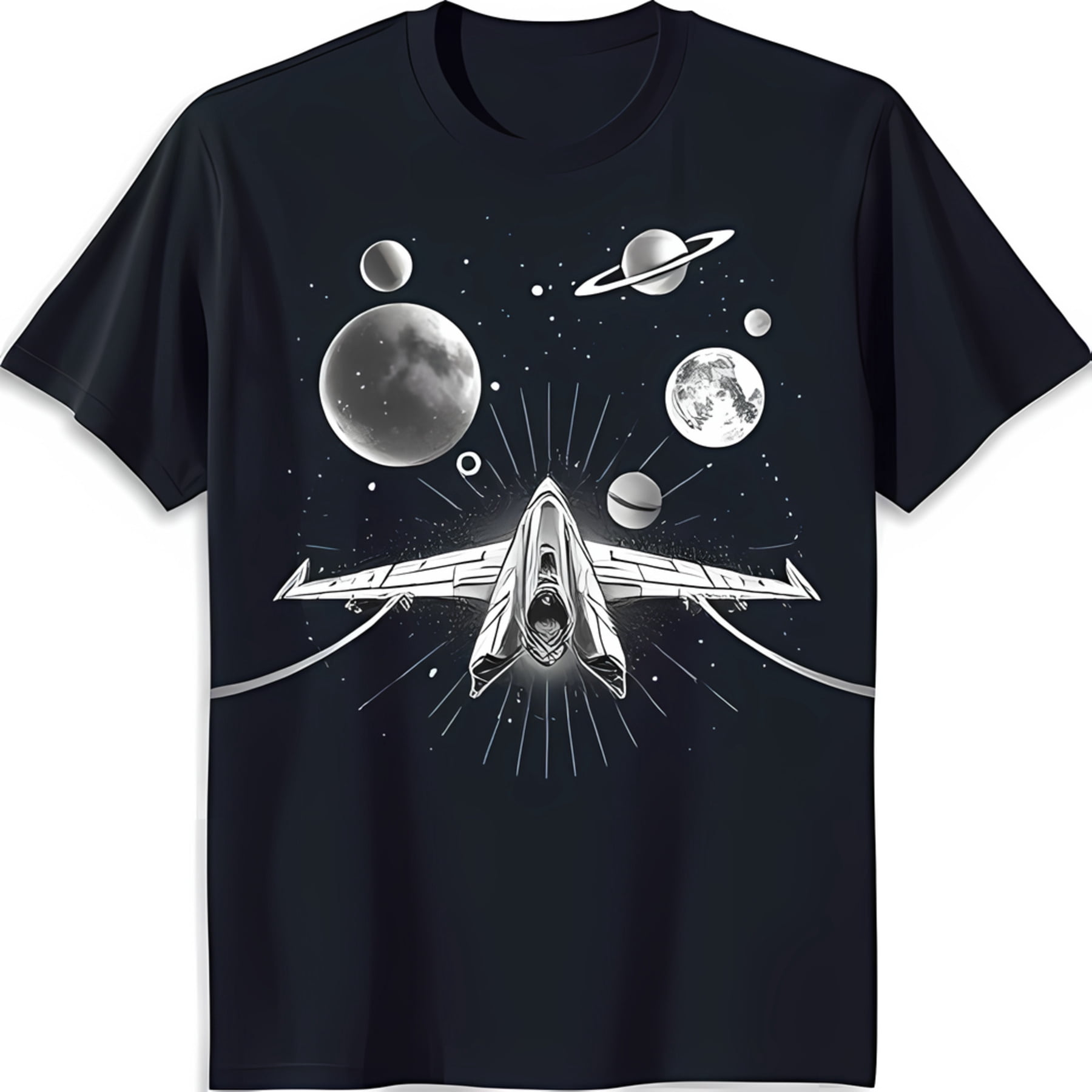Black T-Shirt with White Spaceship Graphic Soaring Through Starry Sky ...