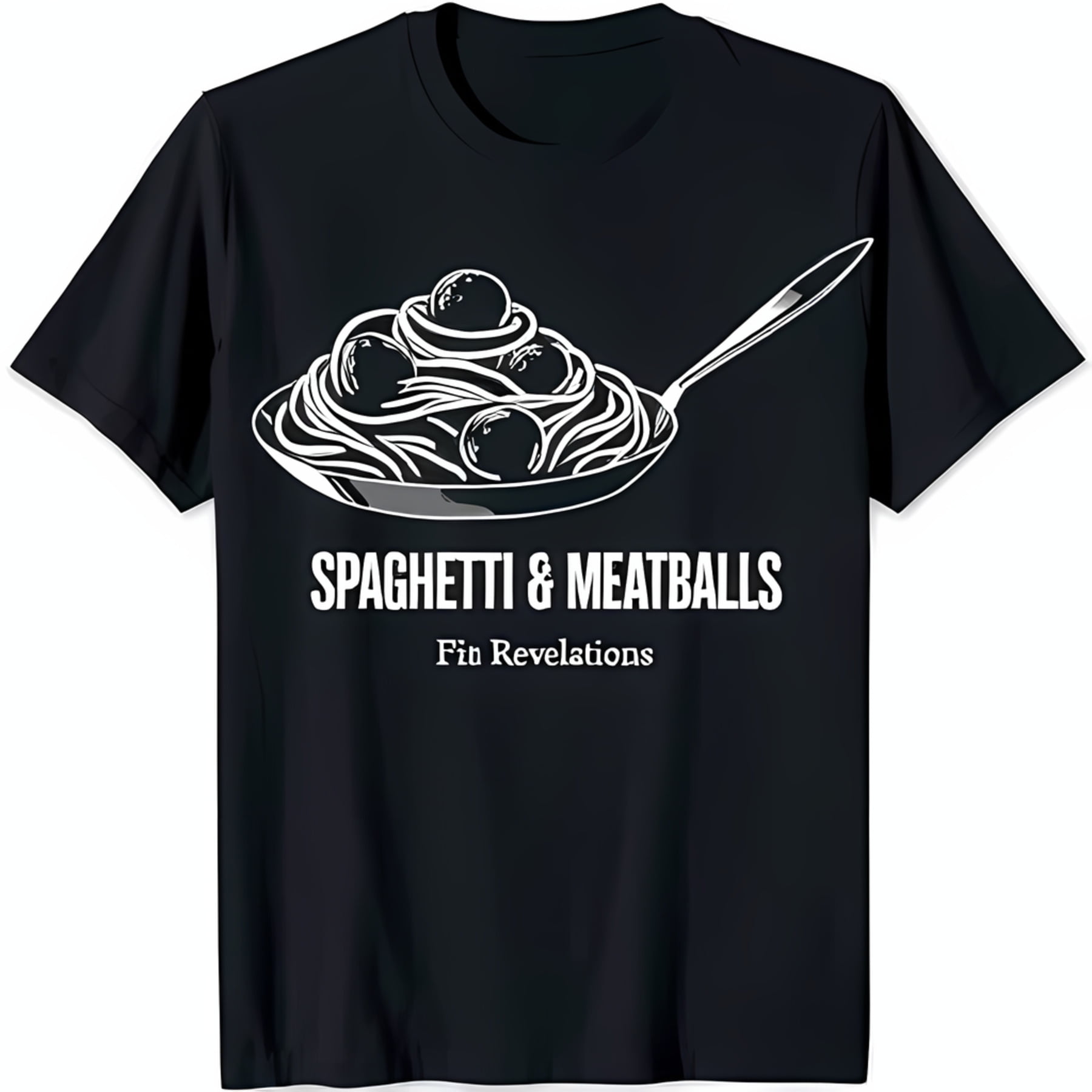 Black T-Shirt with White Spaghetti & Meatballs Graphic Fin Revelations ...