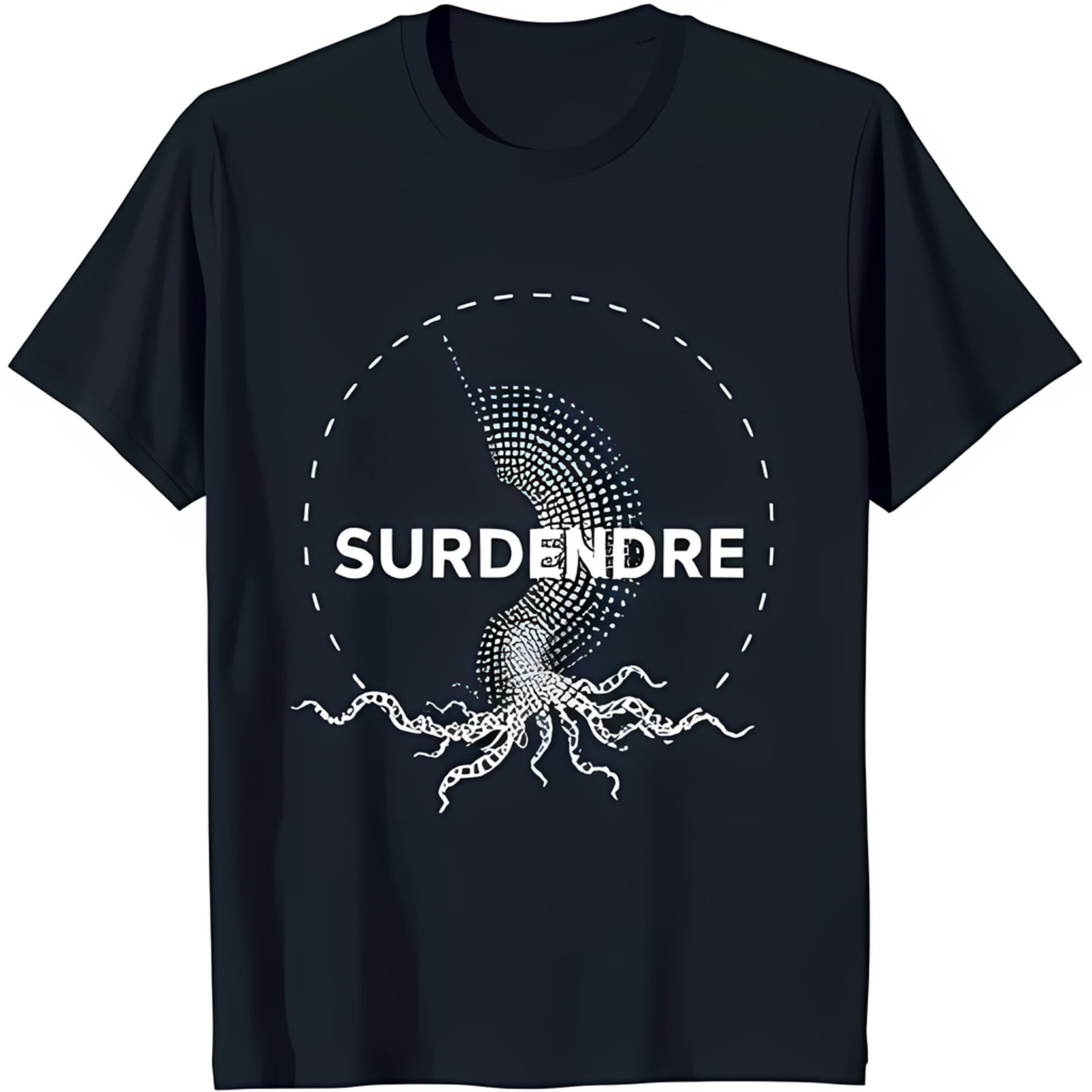 Black T-Shirt with White Spiral Tentacle Design and 'SURRENDER' Text ...