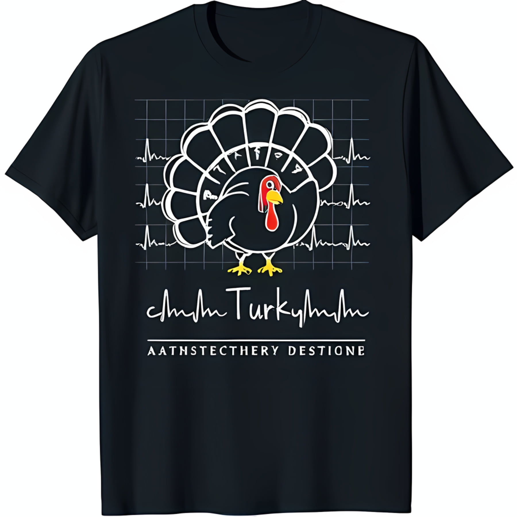 Black T-Shirt with White Turkey Graphic & EKG Design Unique Casual Wear ...