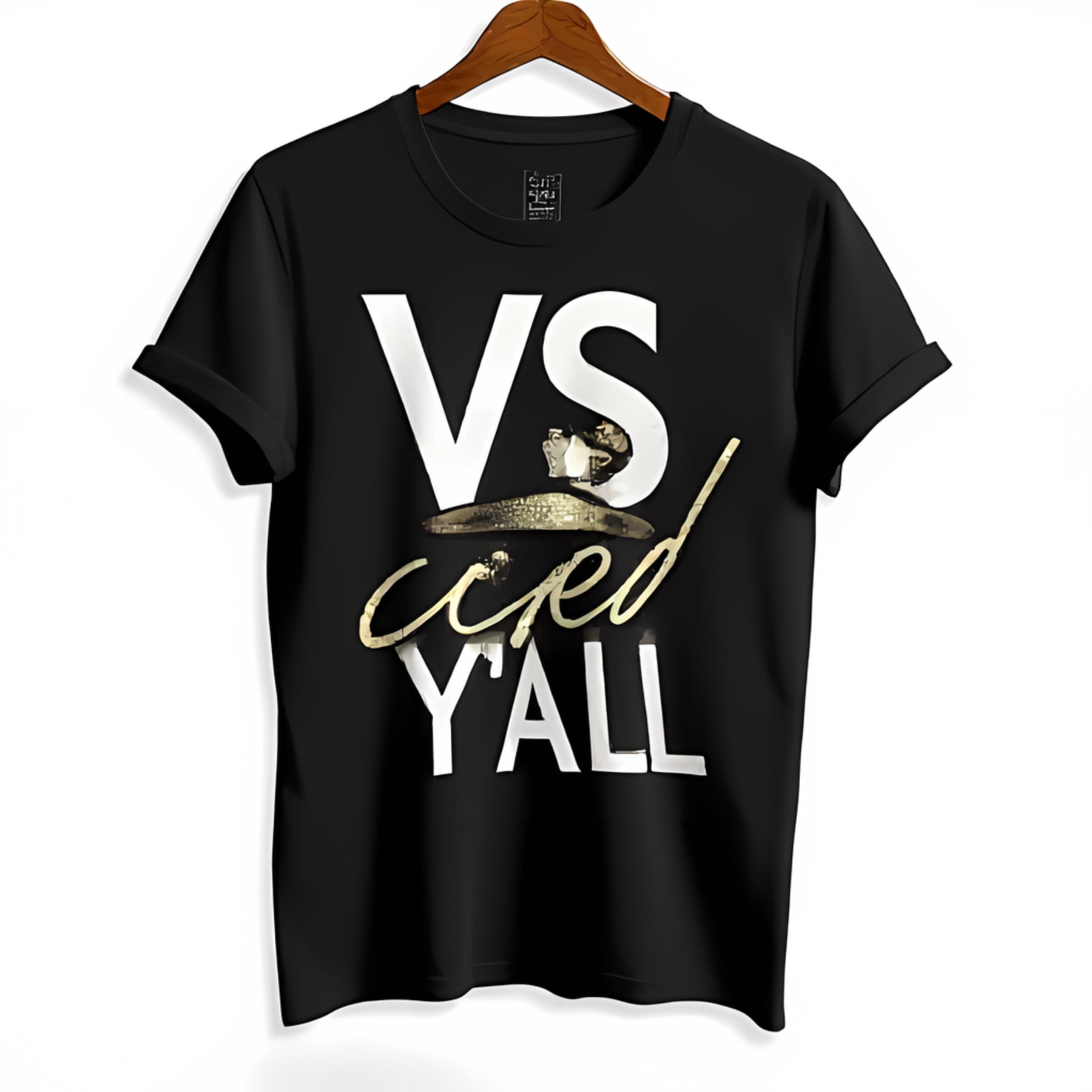 Black T-Shirt with White VS Design & Gold Aced Cursive Graphic Y ALL ...