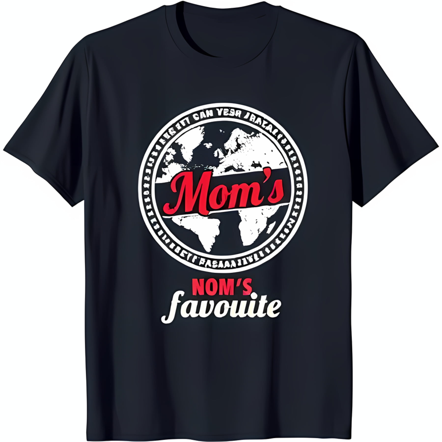 Black T-Shirt with White World Map Circle and 'Mom's' in Red 'Nom's ...