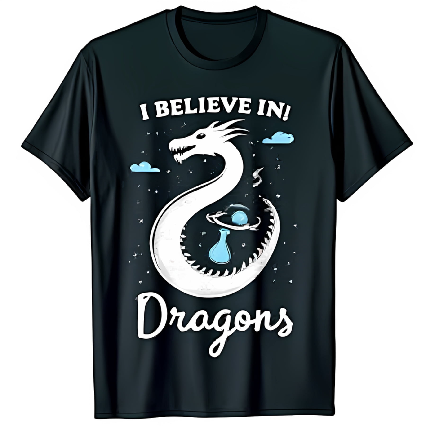 Black T-Shirt with White and Flying Saucer Design 'I Believe in Dragons ...