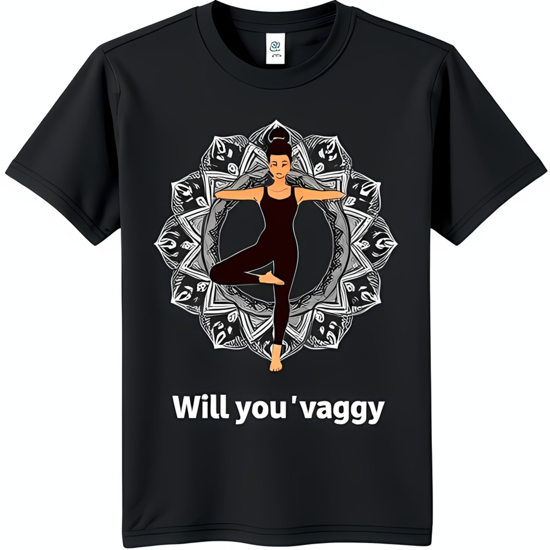 Black T-Shirt with White and Yoga Pose Woman 'Will You Vaggy' Design ...