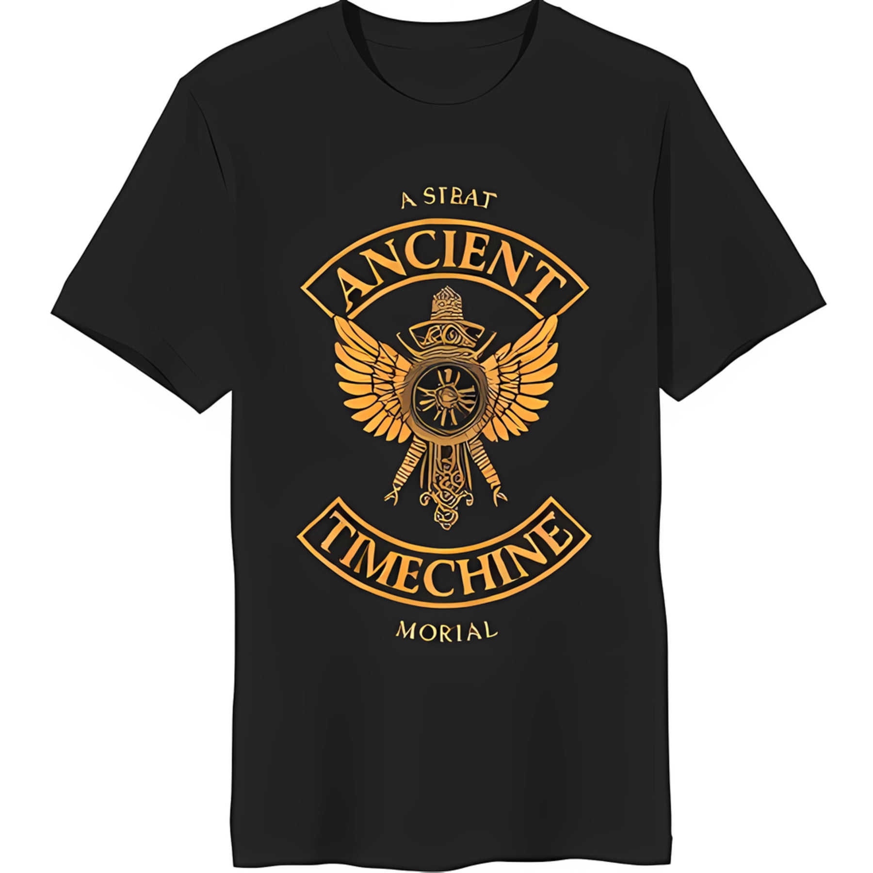Black T-Shirt with Winged Clock and Graphic 'Ancient Timechine Morial ...