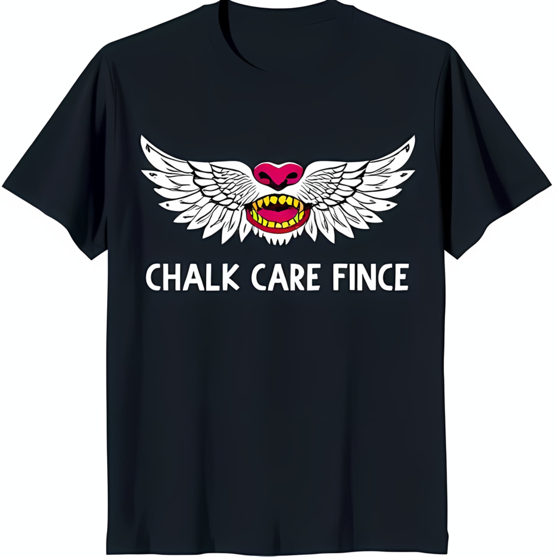 Black T-Shirt with Winged Creature Design Pink Nose & Yellow Teeth ...