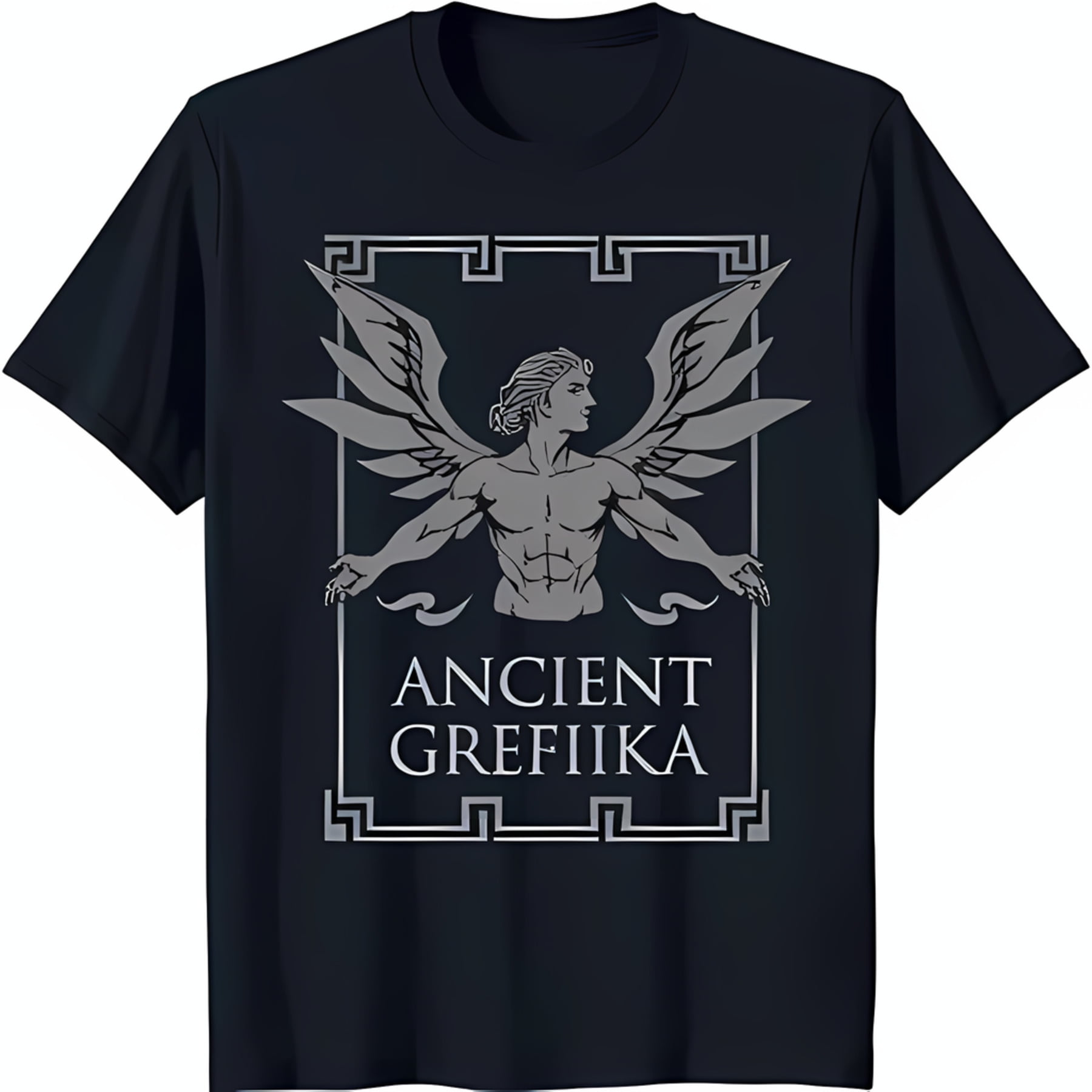 Black T-Shirt with Winged Figure Design and Greek Key Pattern 'ANCIENT ...