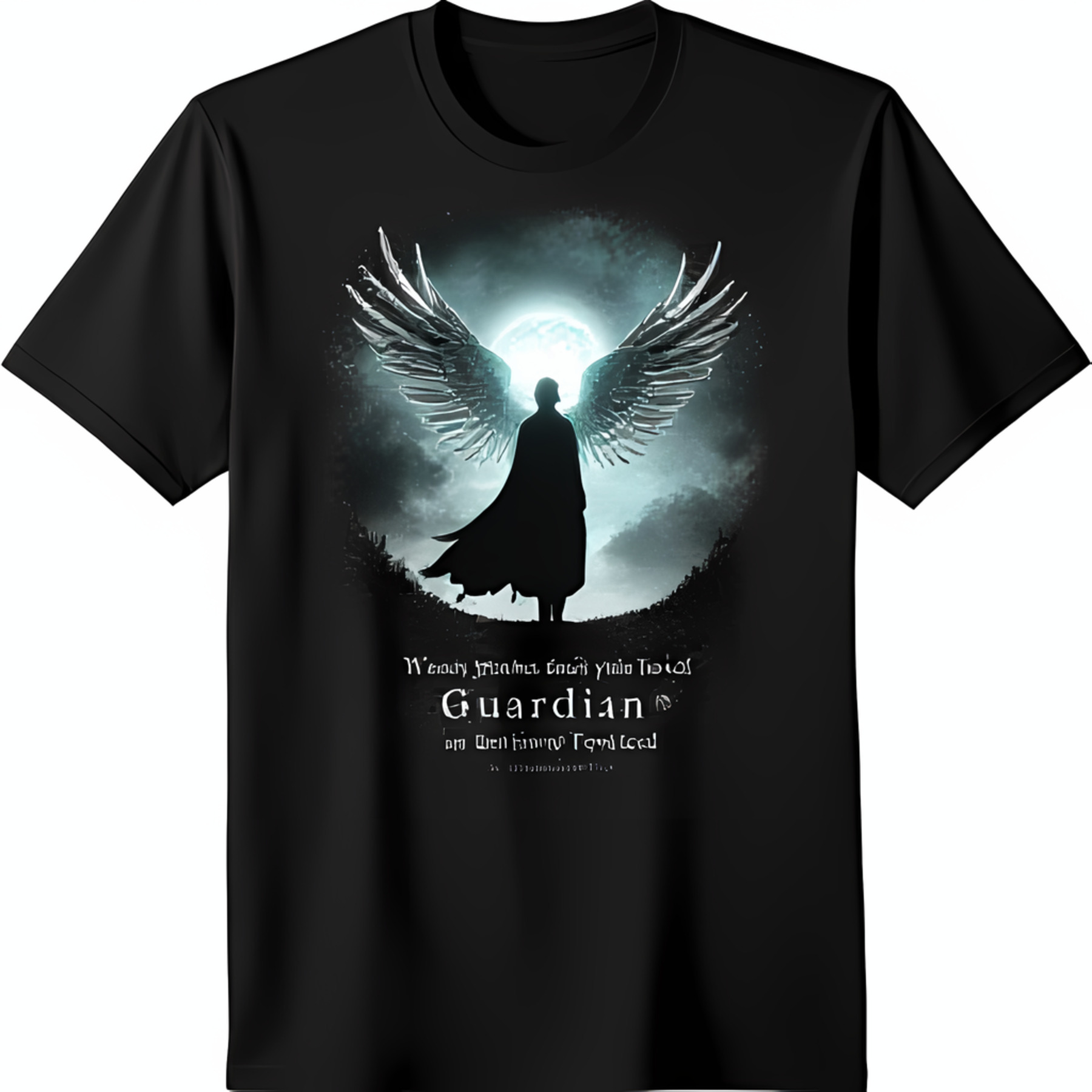Black T-Shirt with Winged Guardian Graphic Under Full Moon Trust Your ...