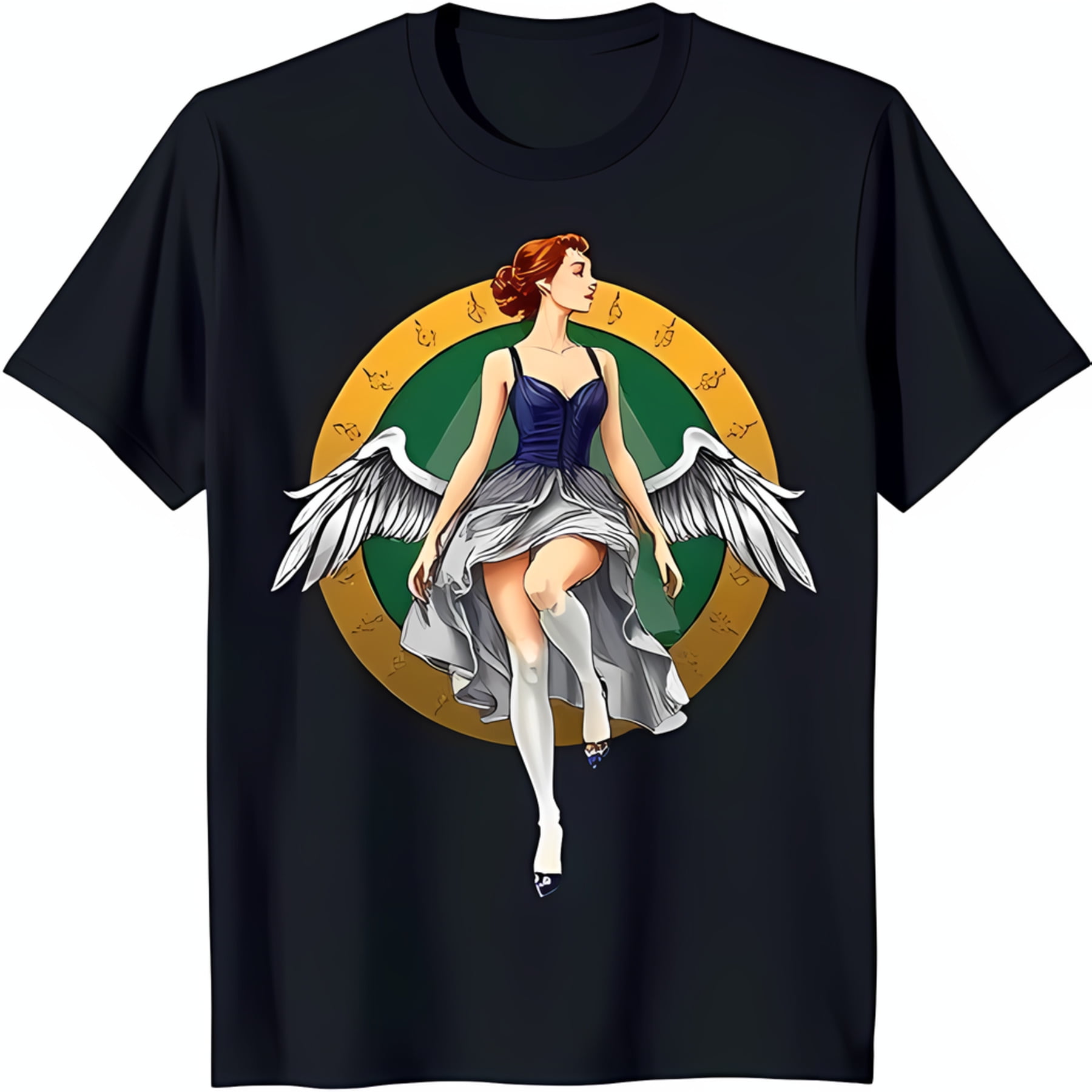 Black T-Shirt with Winged Woman Graphic in Blue & White Dress on Gold ...