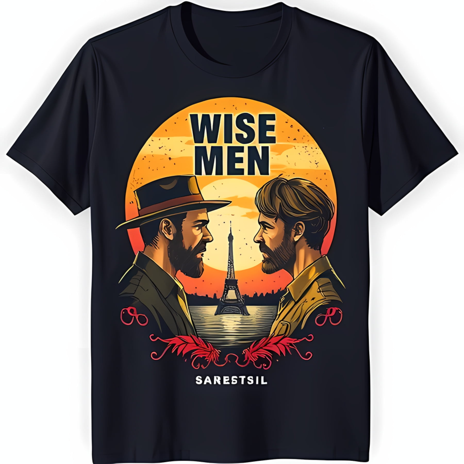 Black T-Shirt with Wise Men Design Featuring Two Men and at Sunset ...