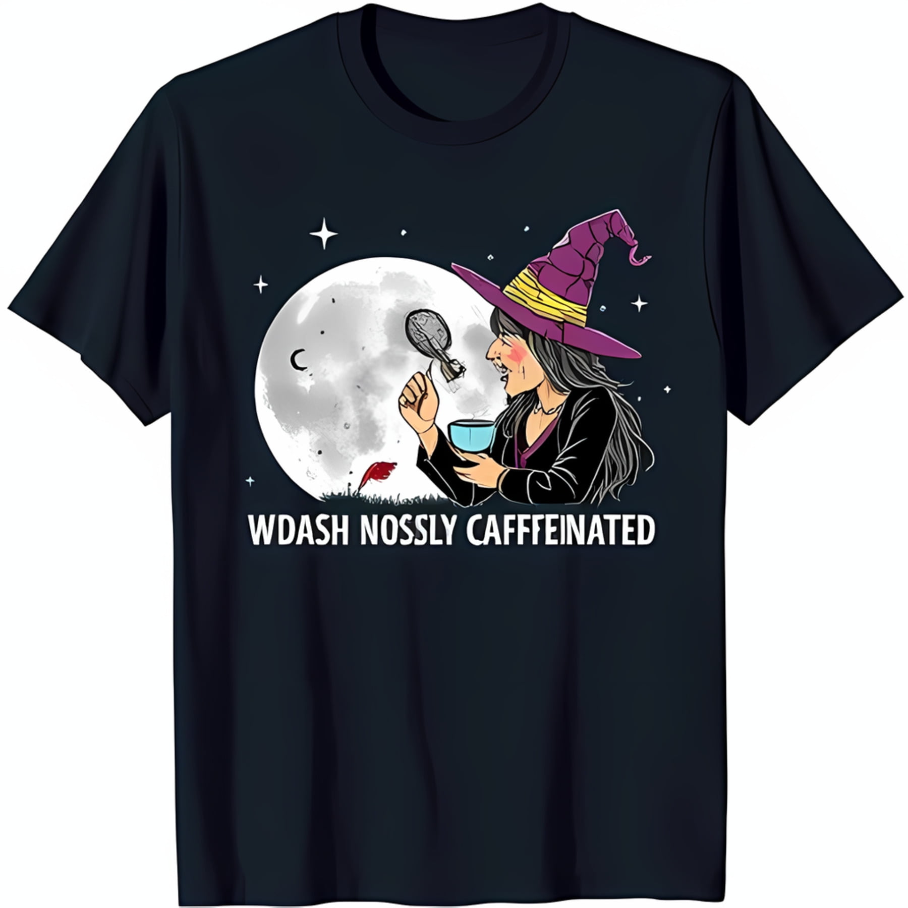 Black T-Shirt with Witch in Pointed Hat Full Moon & Cup 'Wdash Nossly Caffeinated' - Walmart.com