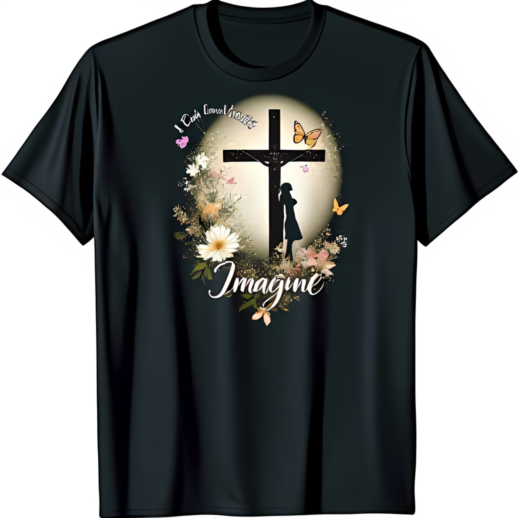 Black T-Shirt with Woman Floral Wreath & I Can Imagine Script - Walmart.com