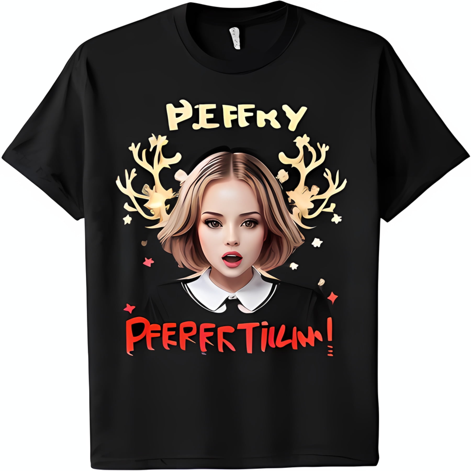 Black T-Shirt with Woman in Gold Antlers & Shocked Expression PEFFY Design - Walmart.com