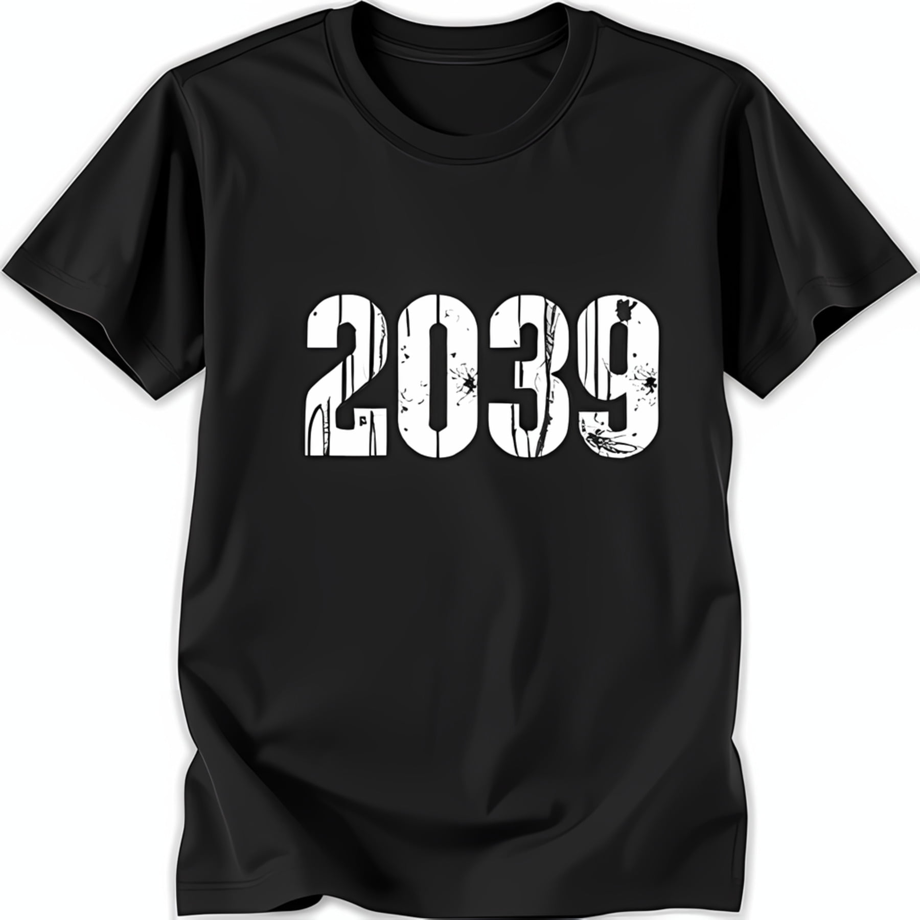 Black T-Shirt with Wooden Sign Style '2039' Graphic Short Sleeve Neck ...