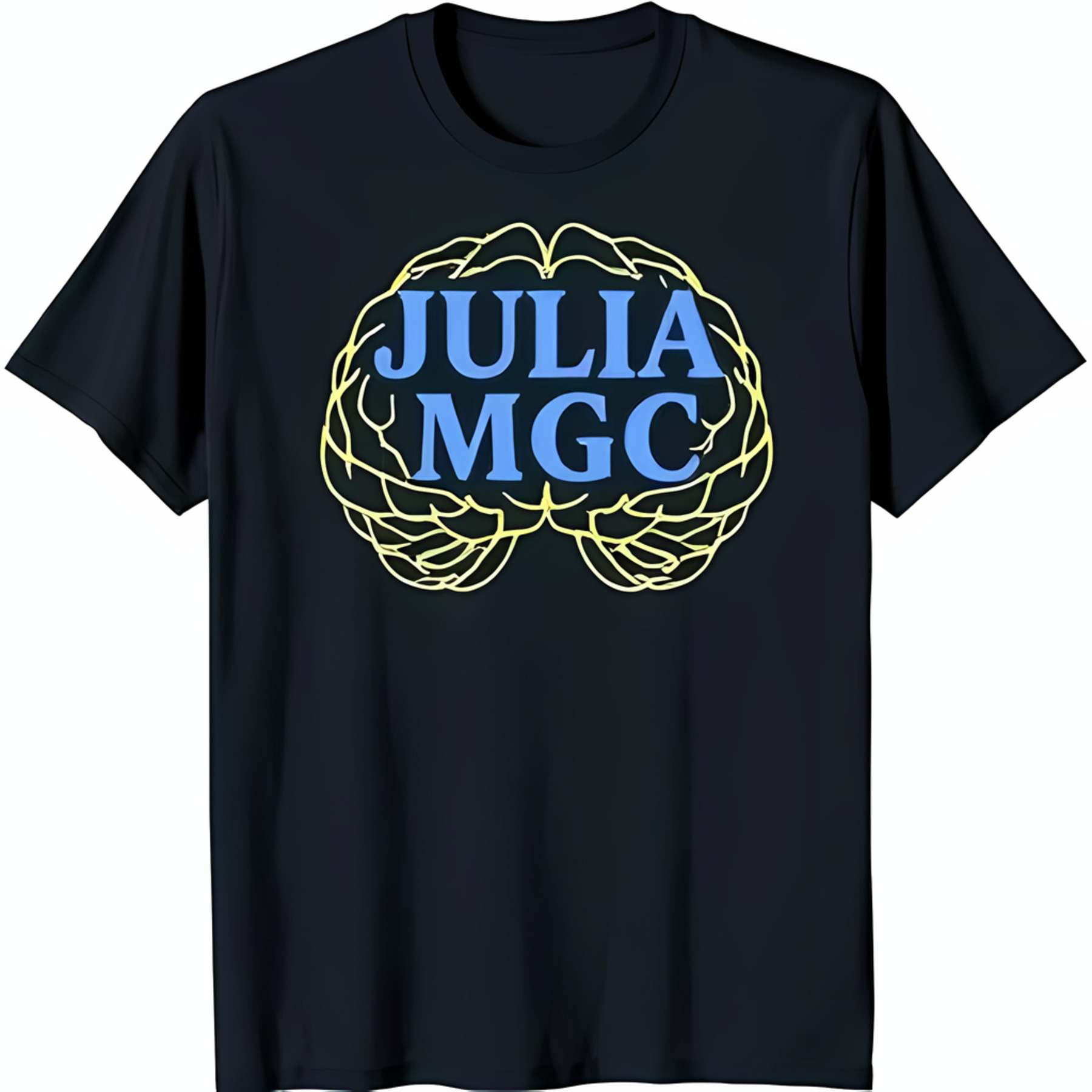Black T-Shirt with Yellow Brain Outline and Blue 'JULIA MGC' Text Short ...