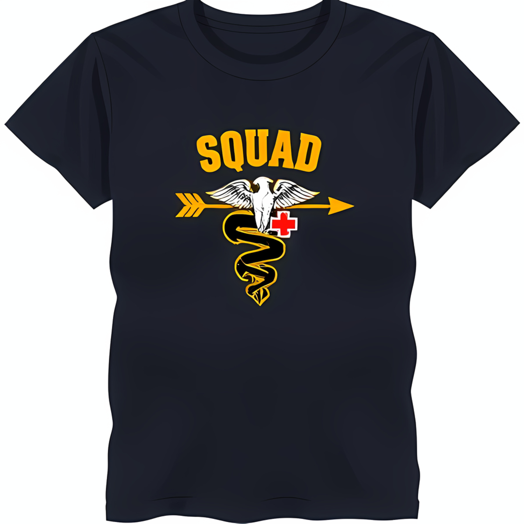 Black T-Shirt with Yellow Caduceus Arrow and Bird 'SQUAD' Design ...