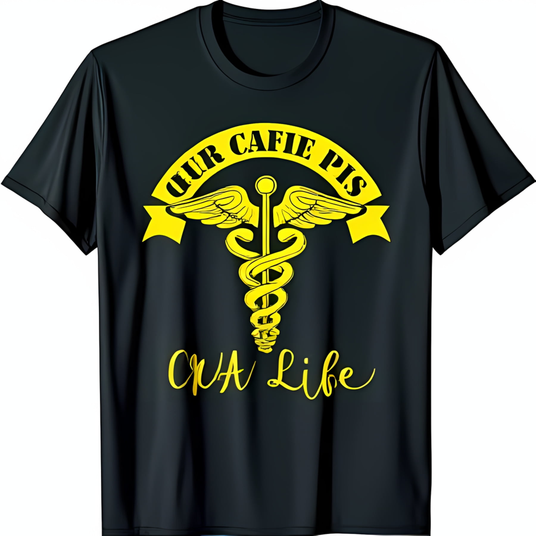 Black T-Shirt with Yellow Caduceus Graphic Our Caffe Pis & Life Design ...