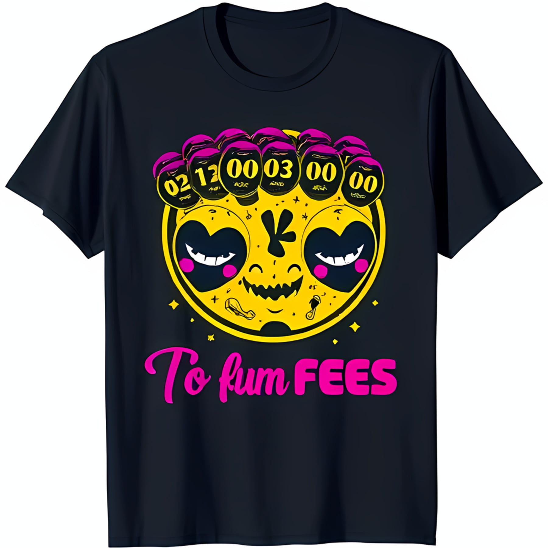 Black T-Shirt with Yellow Cartoon Face Smiling Eyes Fun Numbers & 'To ...