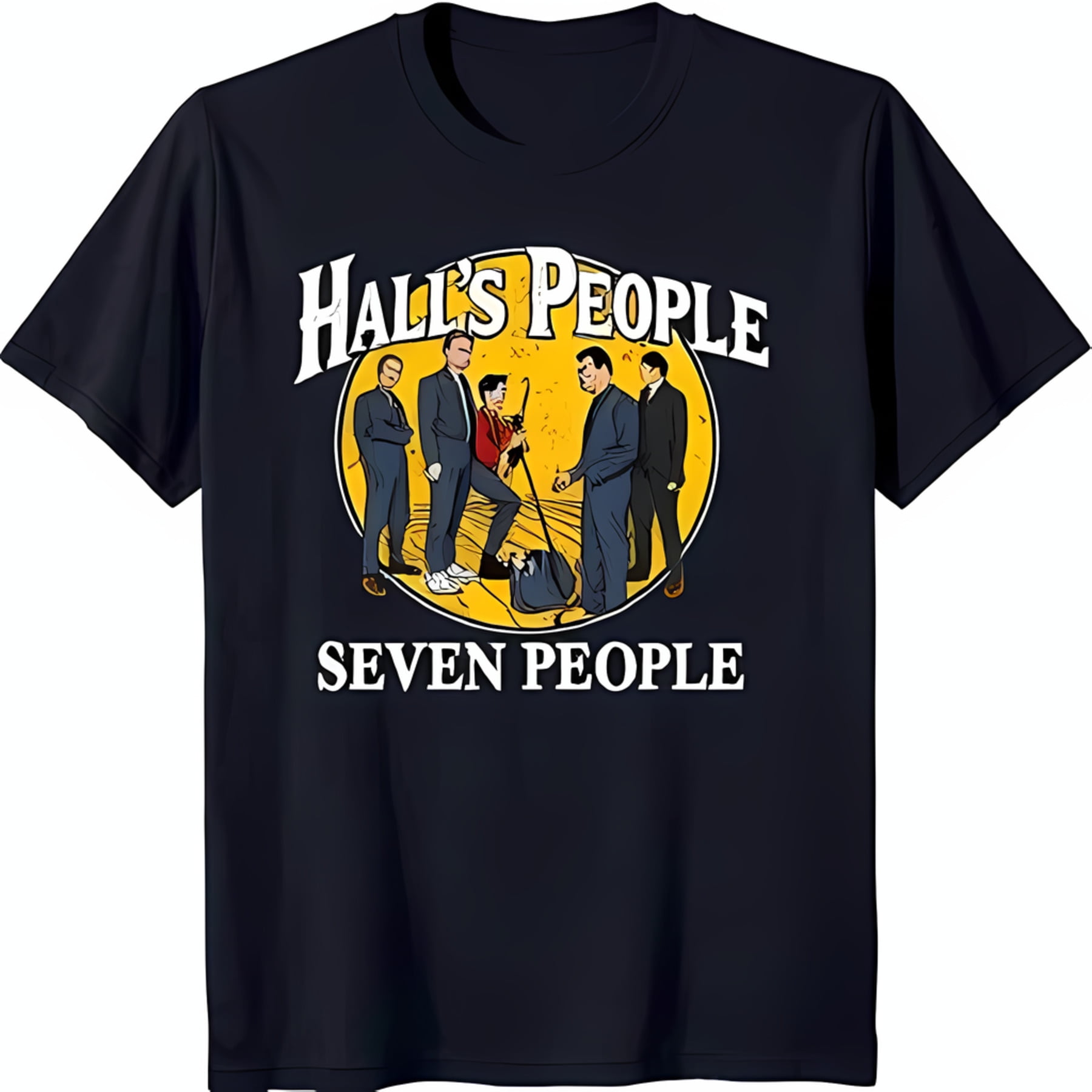 Black T-Shirt with Yellow Circle Design Featuring Seven People 'Hall's ...