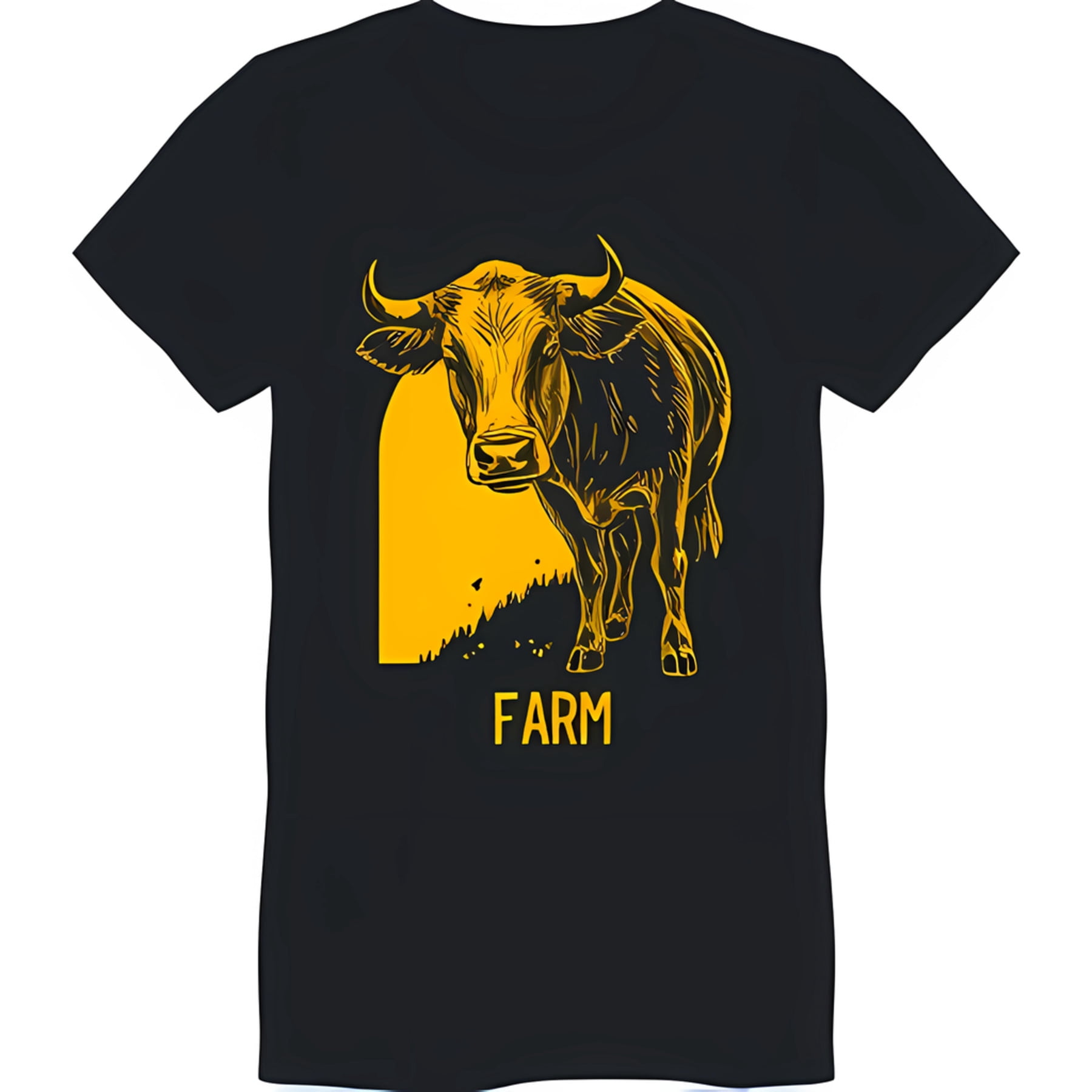 Black T-Shirt with Yellow Cow Graphic and Sunset 'FARM' Design ...