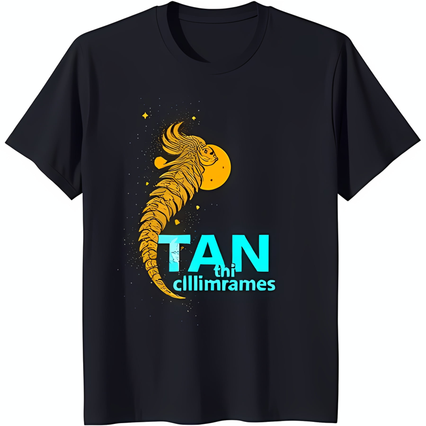 Black T-Shirt with Yellow Creature Design Spiky Protrusions & Stars ...