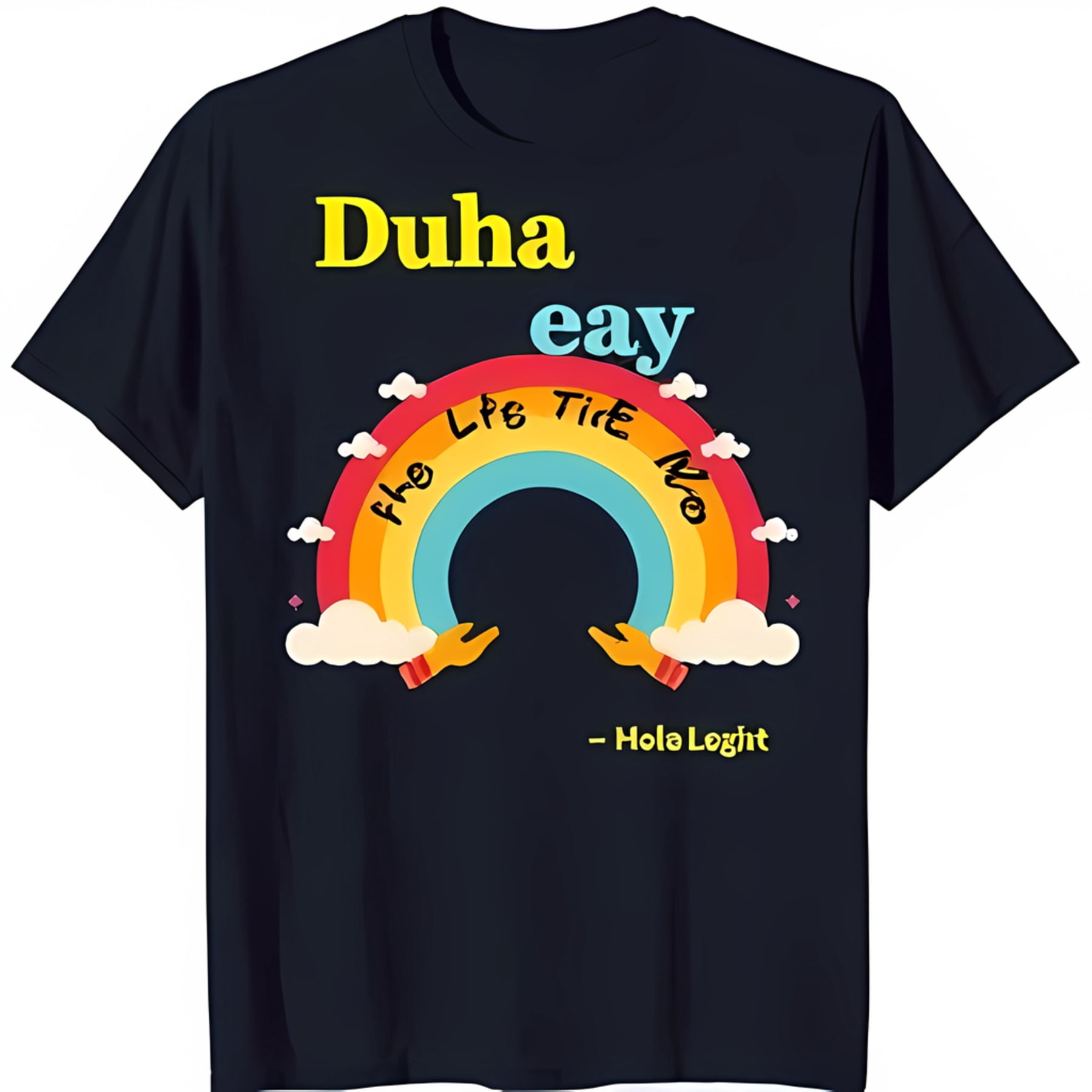 Black T-Shirt with Yellow 'Duha' & 'Easy' Text Colorful Rainbow Design ...