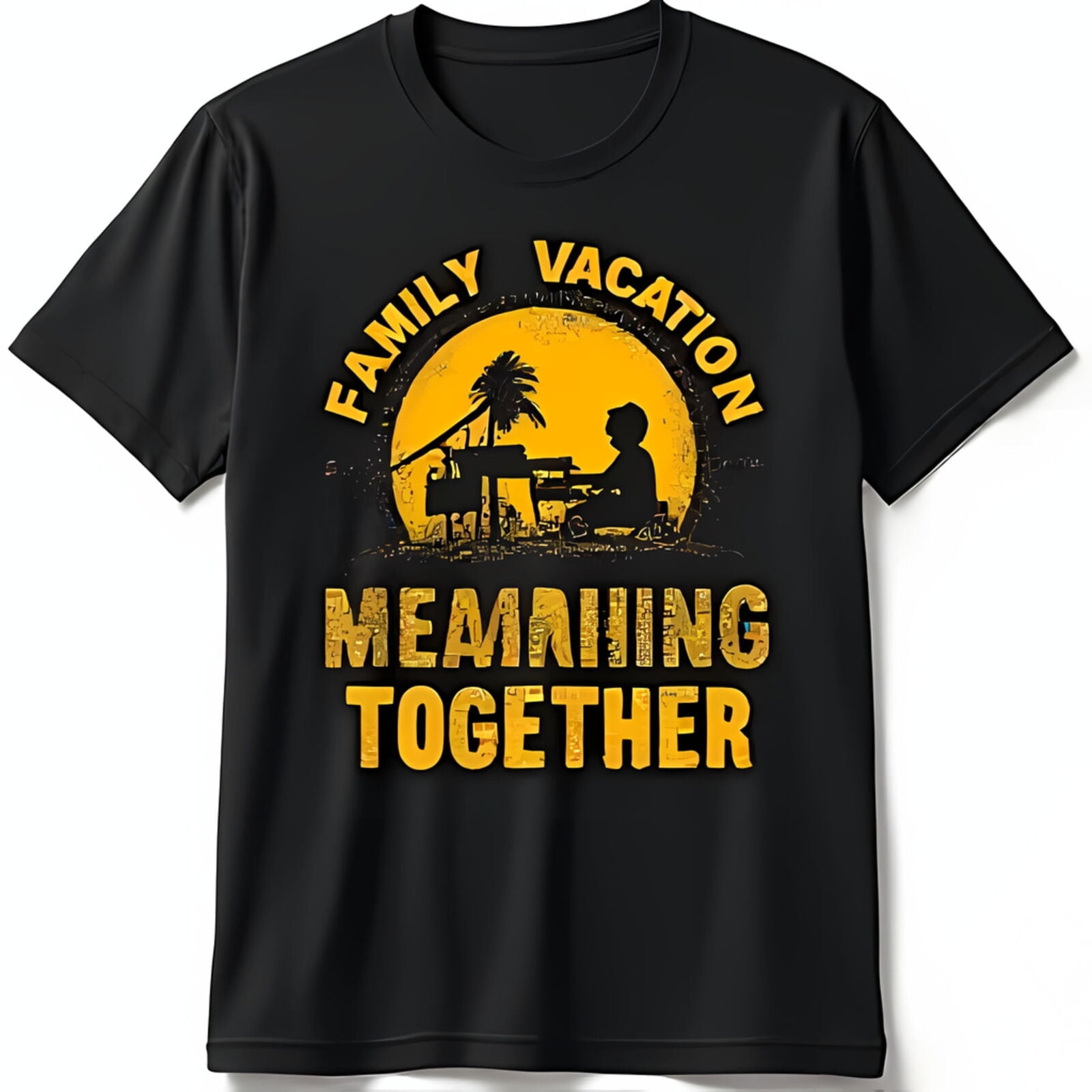 Black T-Shirt with Yellow Family Vacation Design Tree & Beach Chair ...