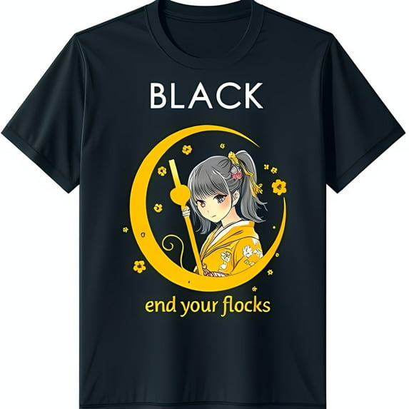 Black T-Shirt with Yellow Graphic & Anime Girl Design-- - Walmart.com