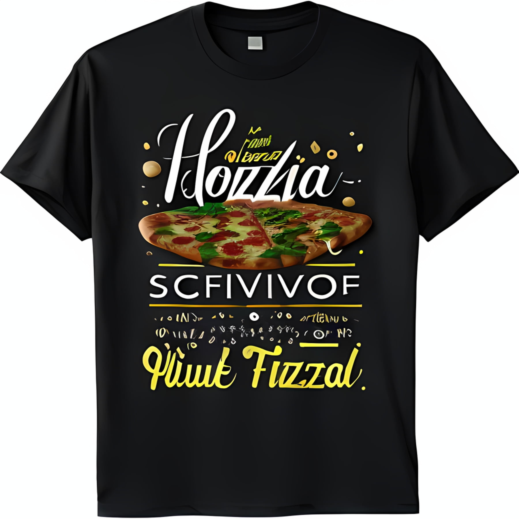 Black T-Shirt with Yellow Hozzia Graphic Pepperoni Pizza & Give Fizza ...