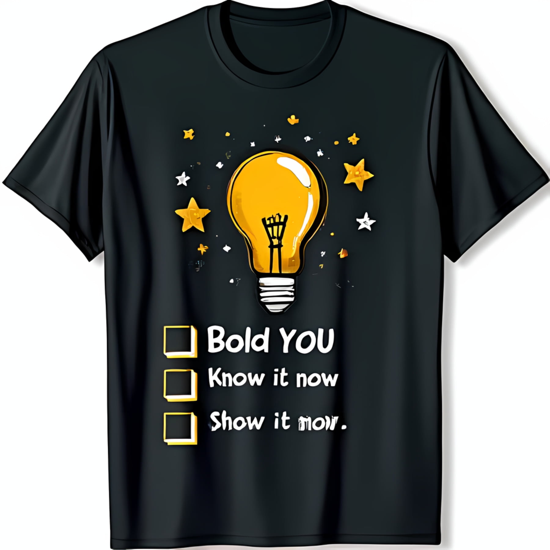 Black T-Shirt with Yellow Lightbulb Graphic & Inspiring Checkboxes Bold ...