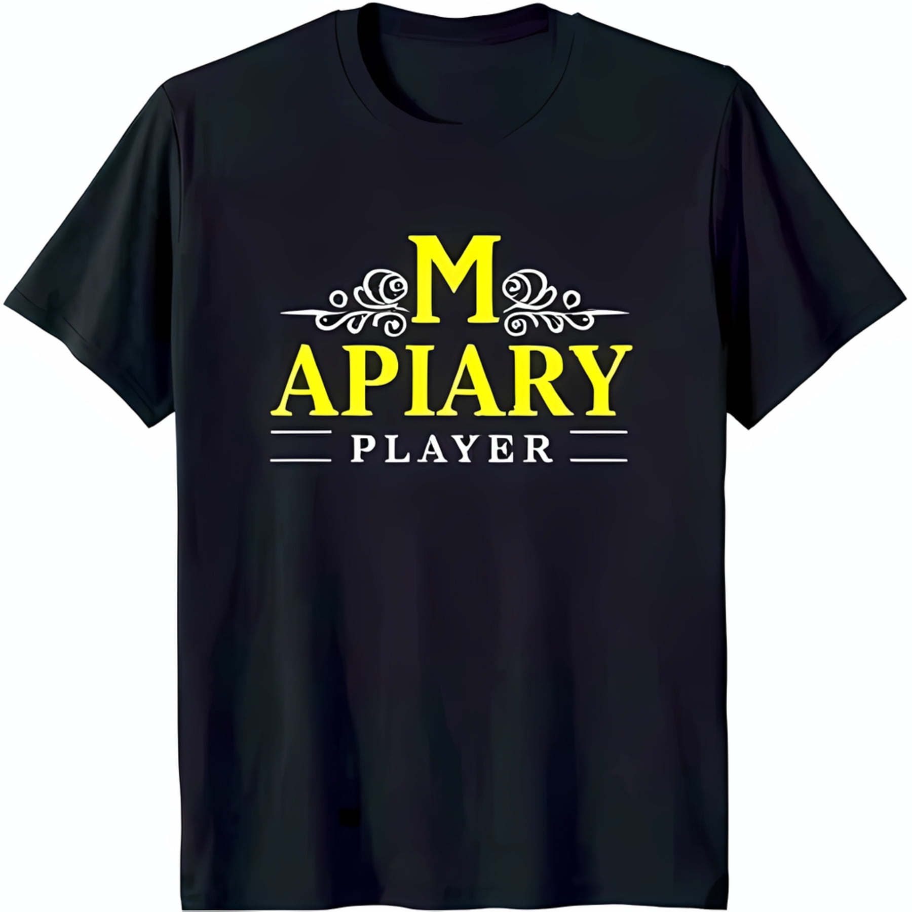 Black T-Shirt with Yellow 'M' and White 'APIARY PLAYER' Graphic Design ...