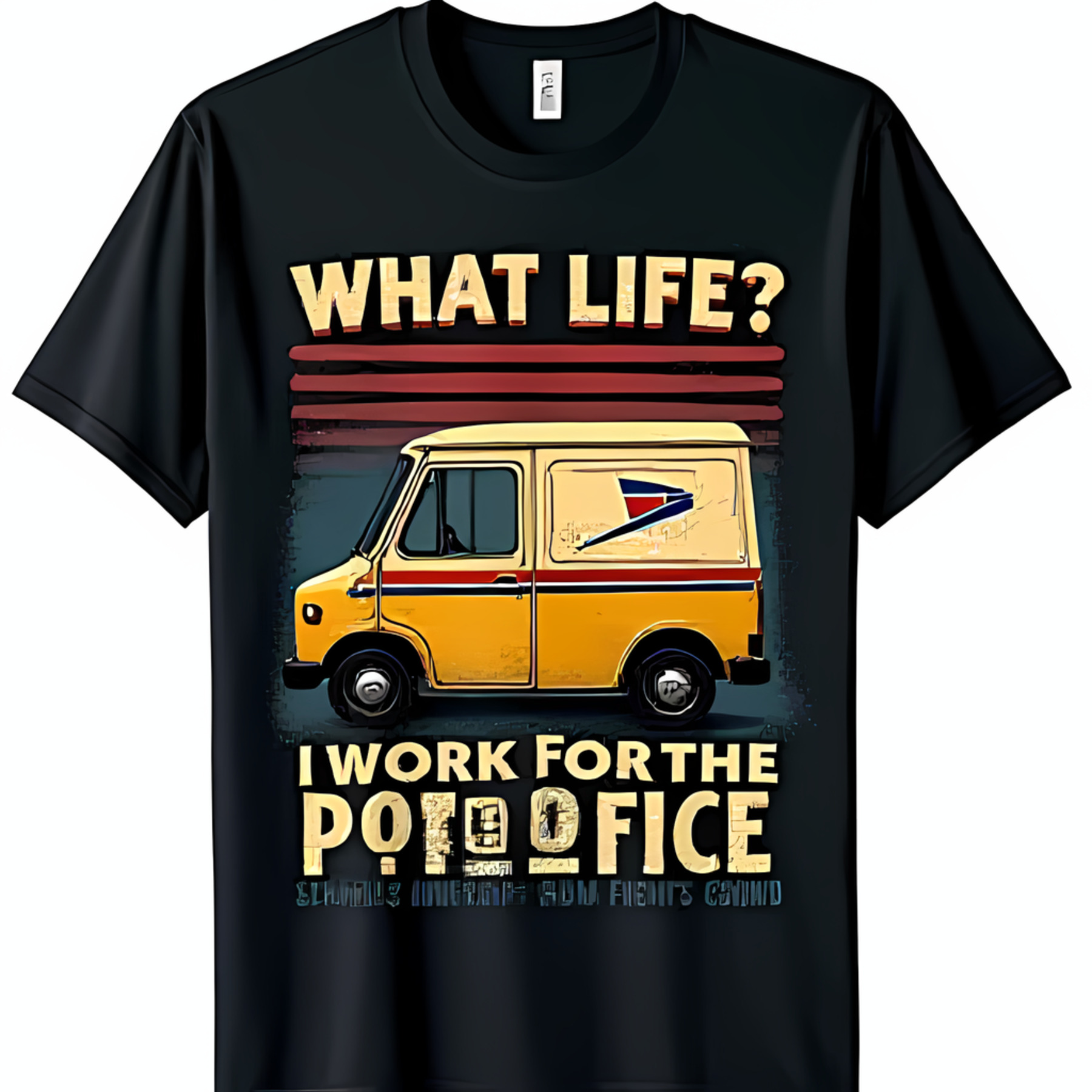 Black T-Shirt with Yellow Mail Truck Graphic & Sunset Background What ...