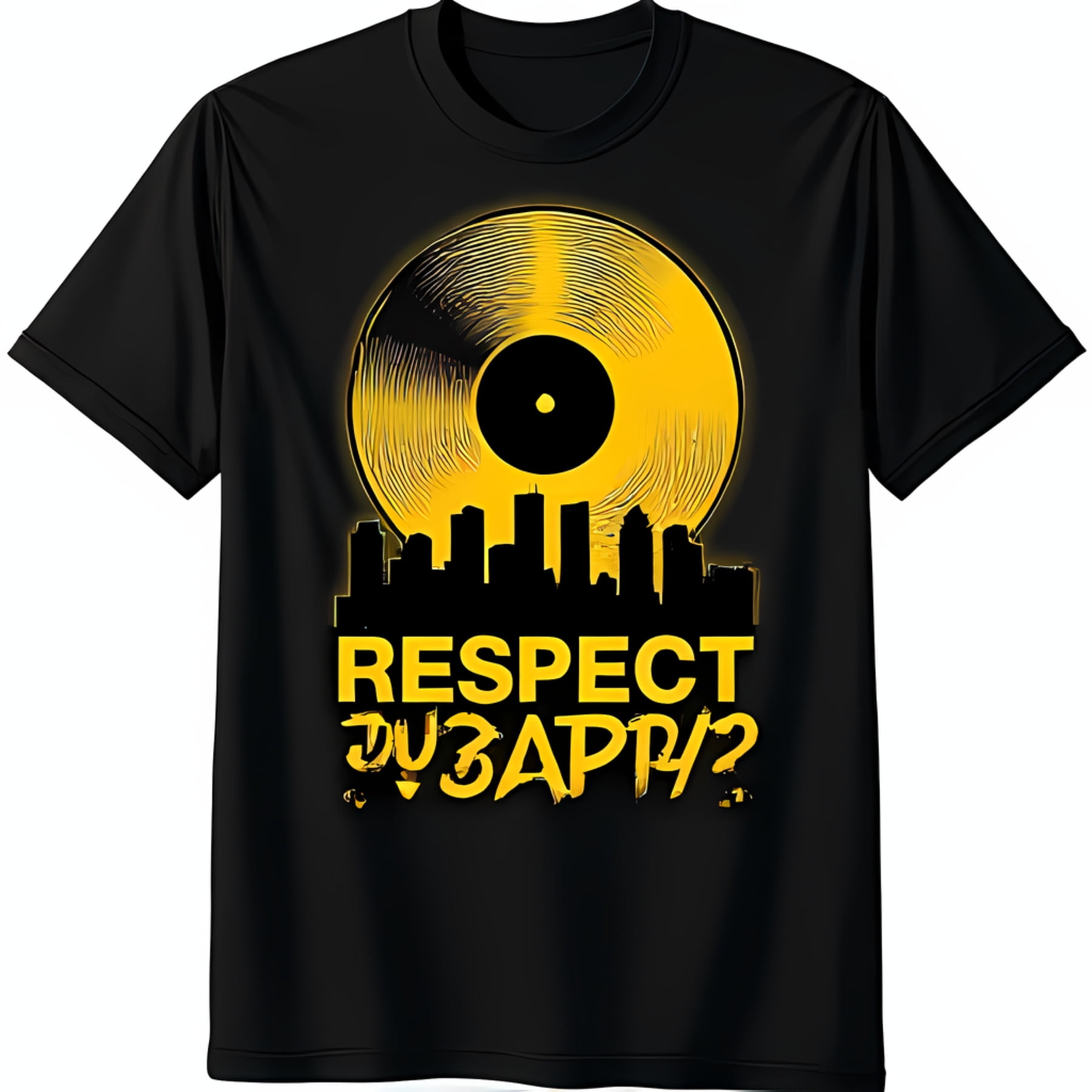 Black T-Shirt with Yellow Record Design & Cityscape 'Respect the Zapp ...