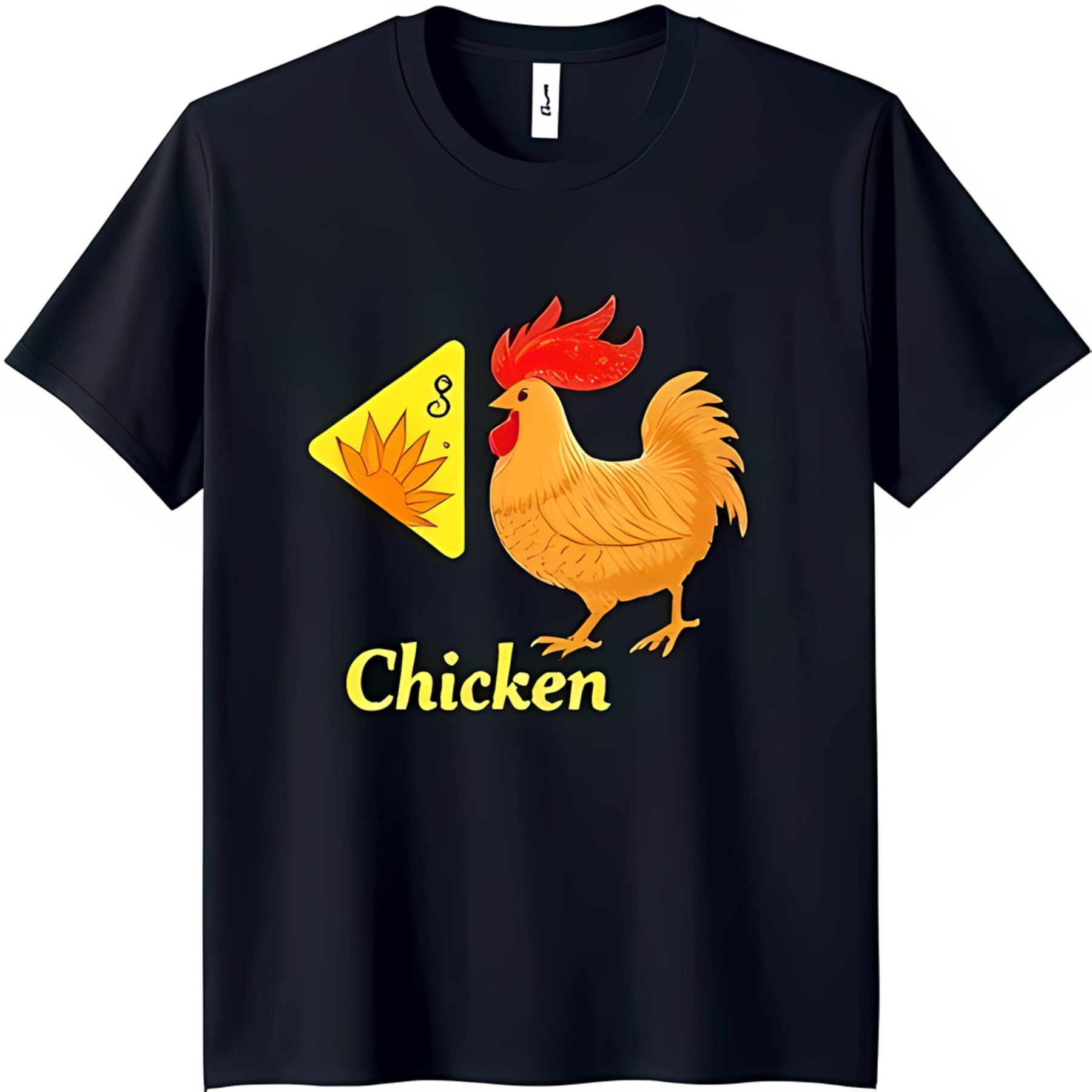 Black T-Shirt with Yellow Rooster Design & Sun Graphic 'Chicken' Text ...