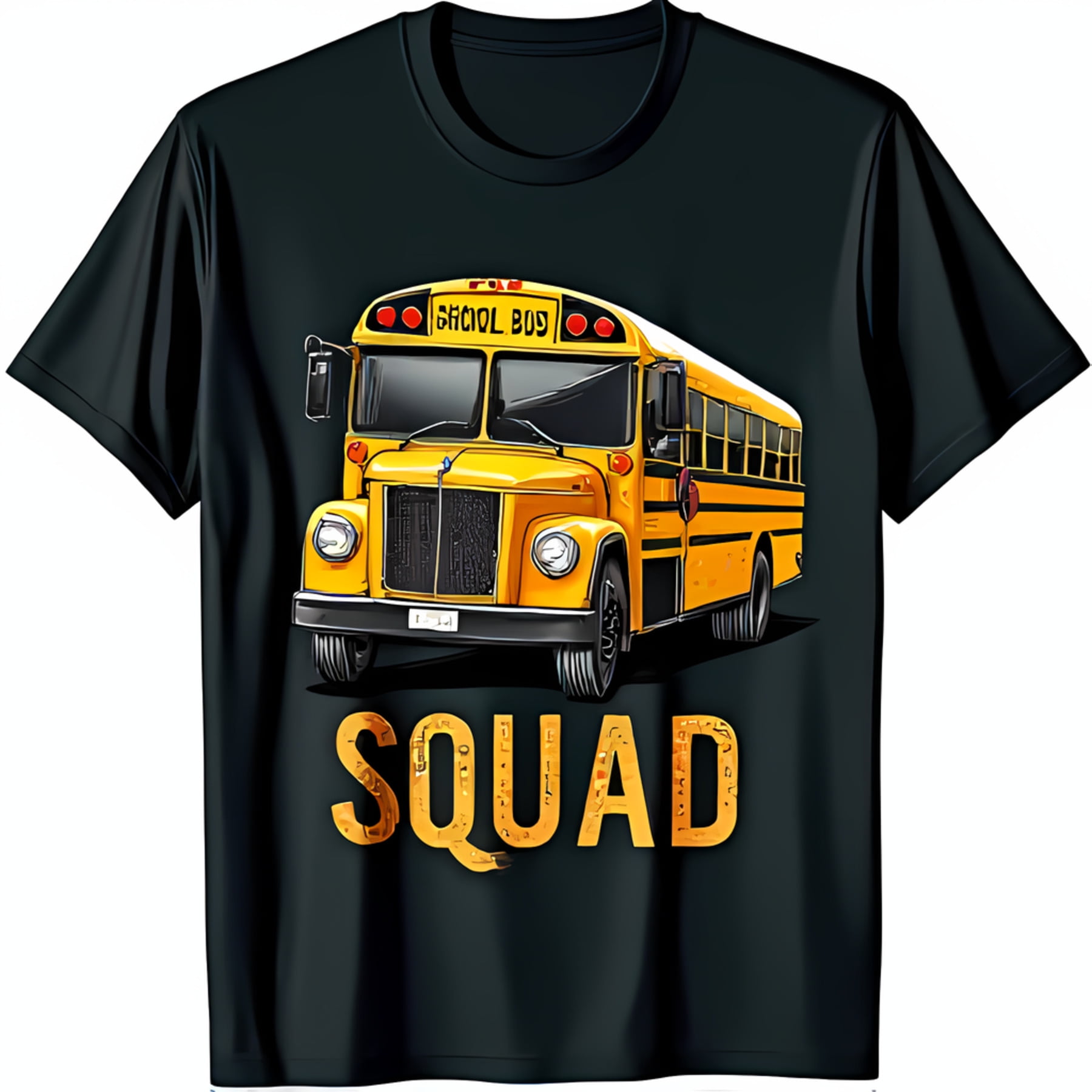 Black T-Shirt with Yellow School Bus Graphic 'School Bus' Design & Gold ...