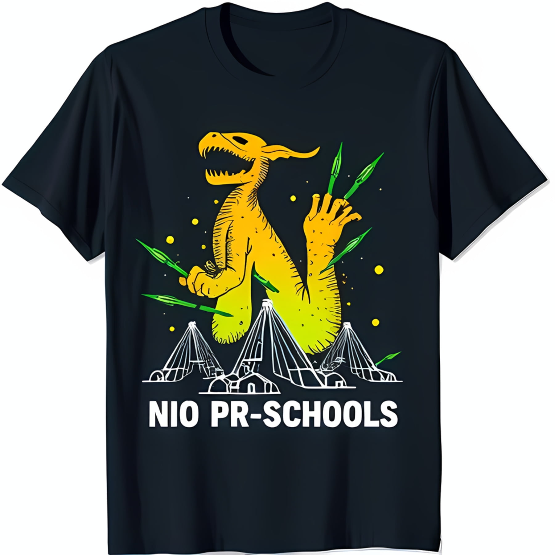 Black T-Shirt with Yellow Spiky Haired Creature on 'NIO PR SCHOOLS ...
