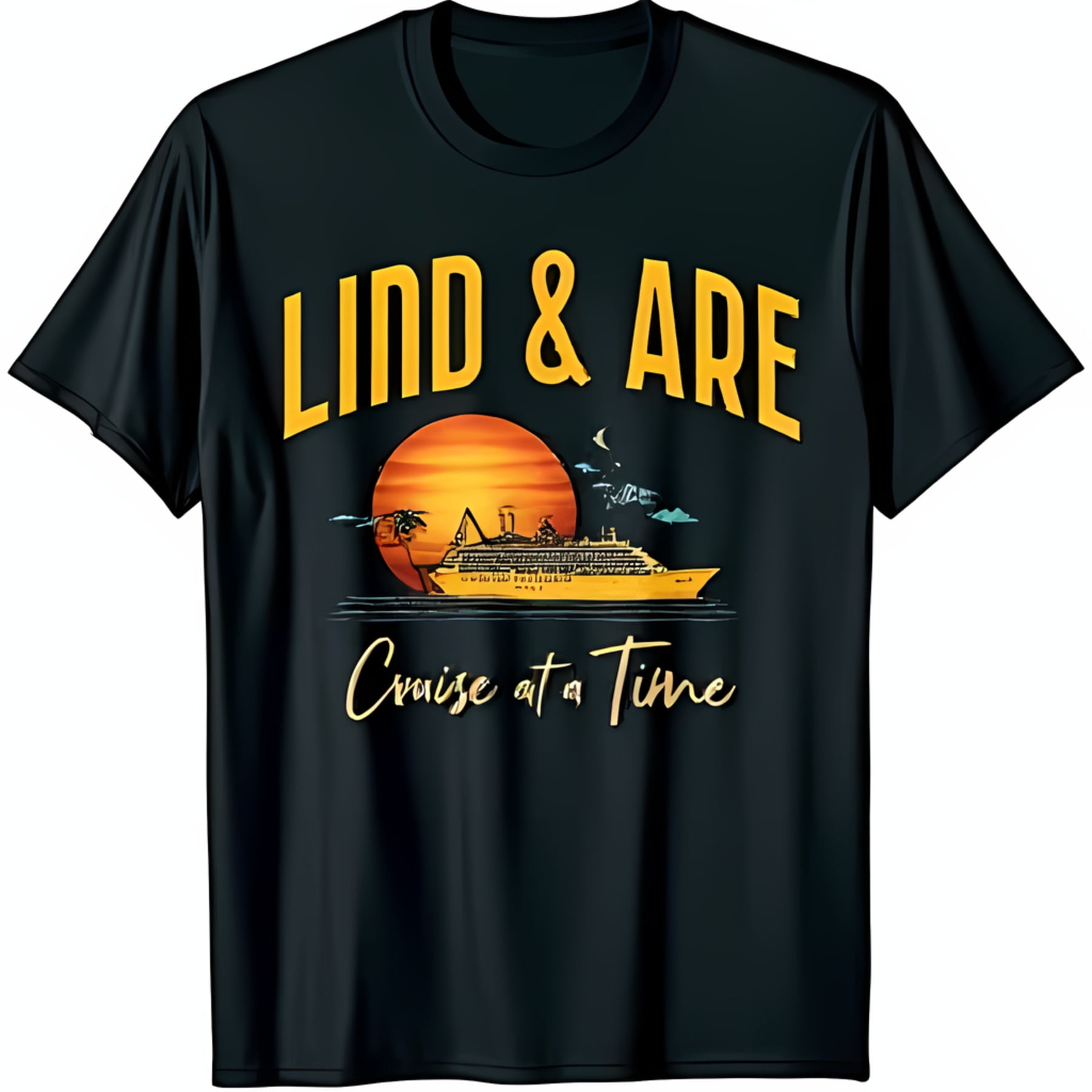 Black T-Shirt with Yellow Sunset Ocean Graphic Tree & Cruise Ship Lind ...
